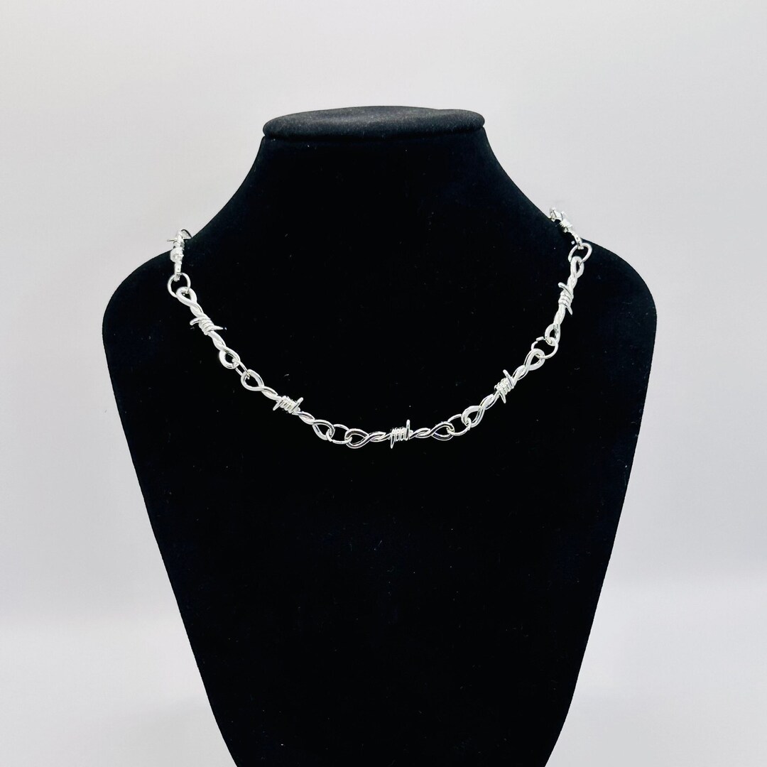 Barbed Wire Spike Chain Necklace, Silver Barbed Wire Choker Necklace ...