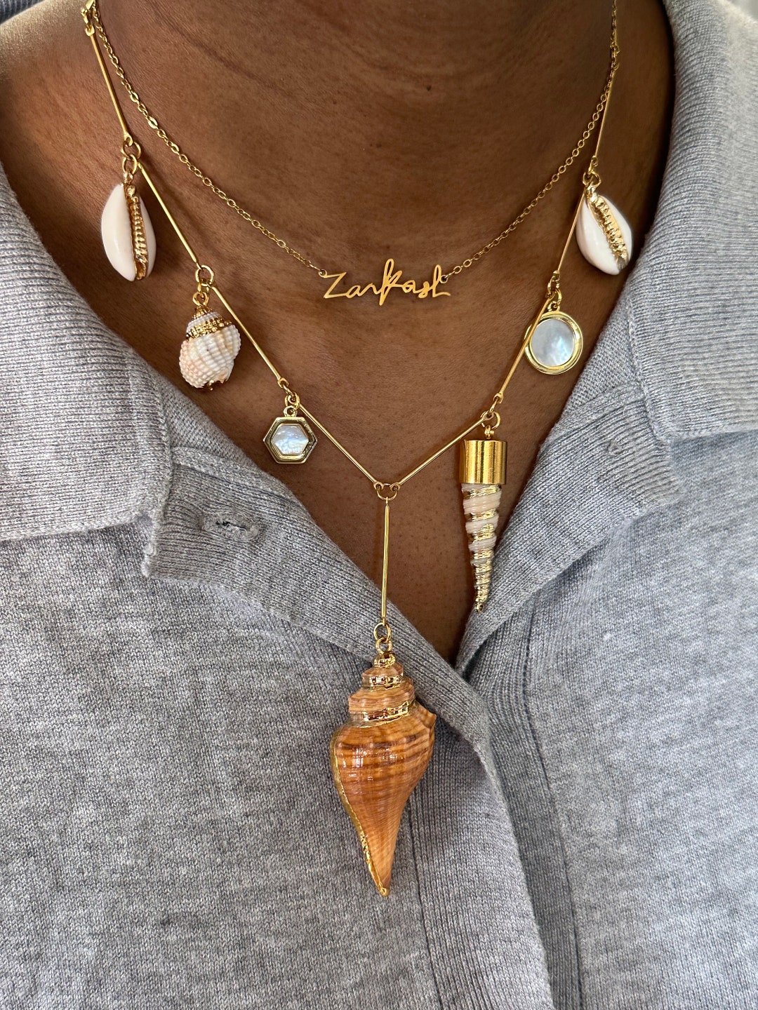 Gold Shell Necklace, Bead Cowrie Shell Charm, Summer Jewellery ...