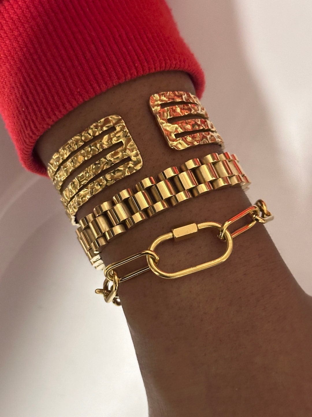 Stacked Bangle Bracelet, Stainless Steel Gold Plated Bracelet, Unisex ...