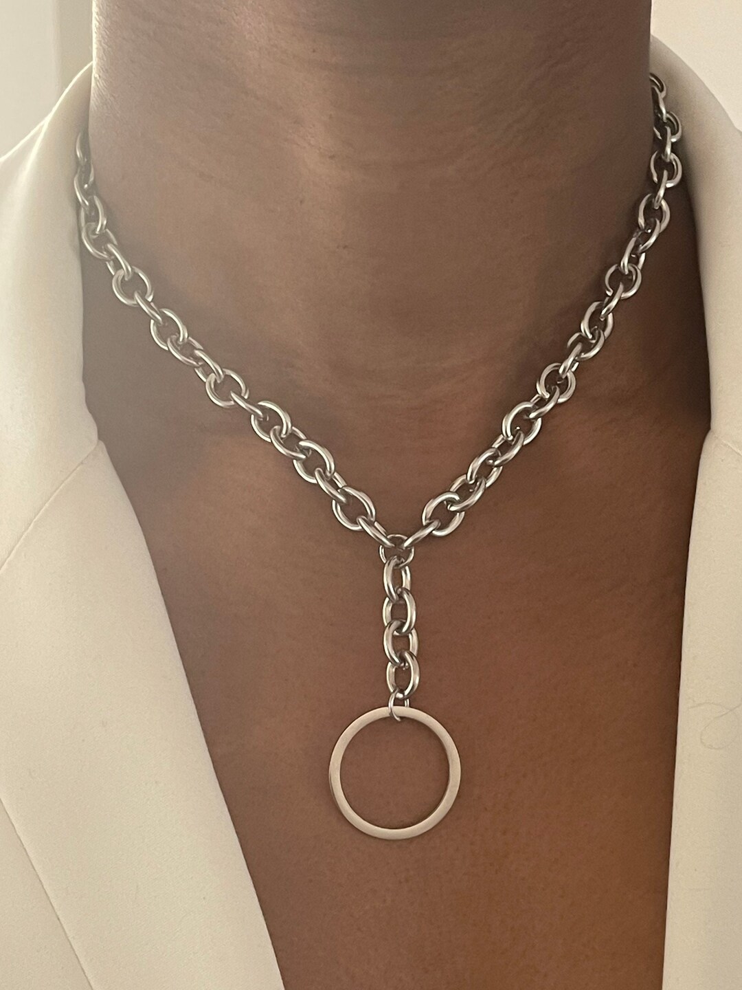Silver Round Circle Chunky Pendant Necklace, O Shape, Round Necklace ...