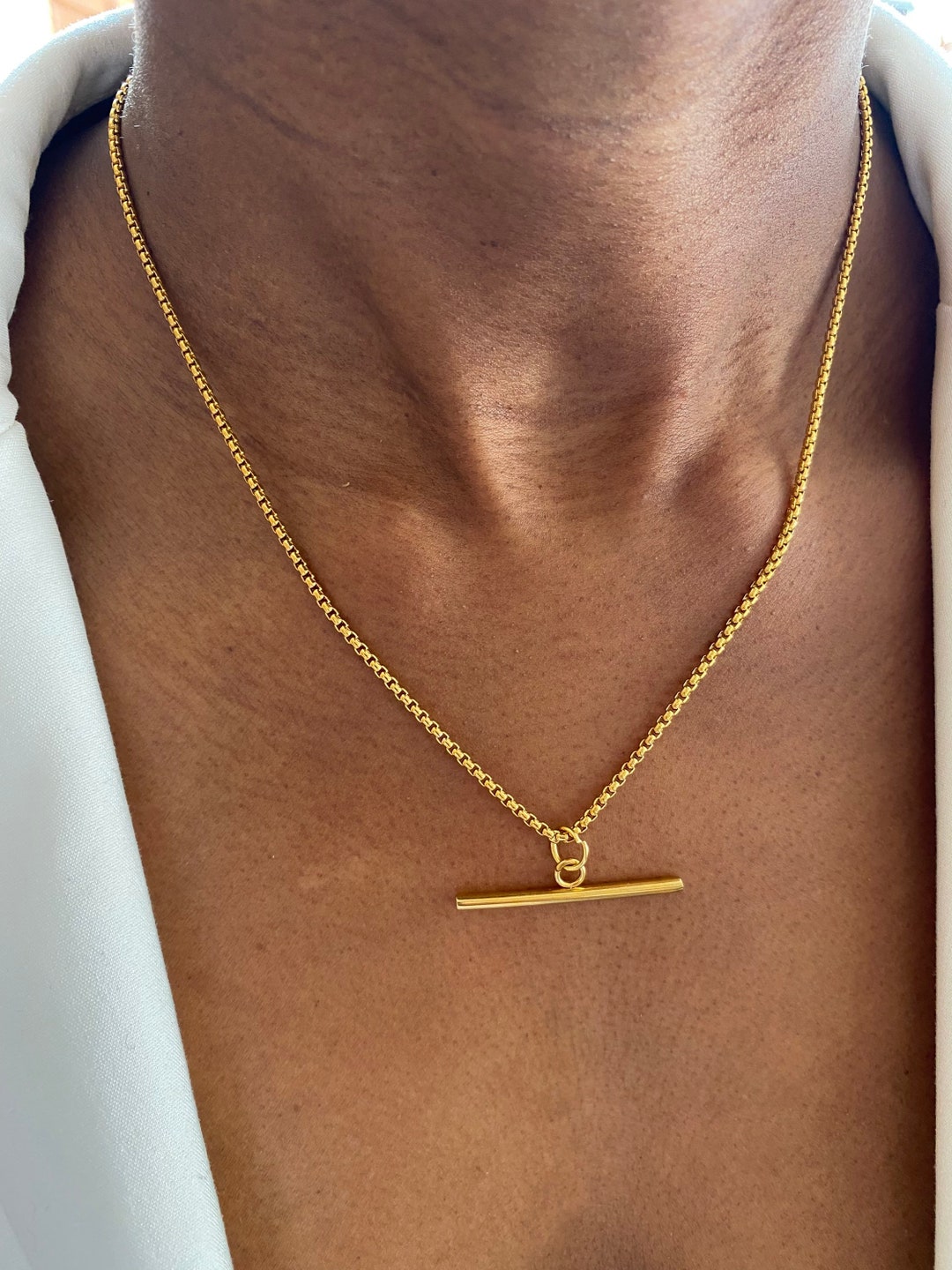 Gold T Bar Chain Necklace, Gold Box Chain Toggle Bar Necklace, T Bar ...