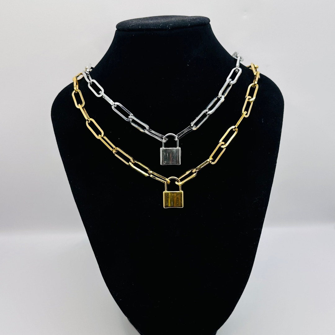 Padlock Choker Necklace, Paper Clip Chain, Padlock Pendant Charm ...