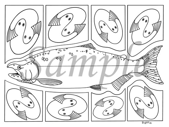 Coloring Page Salmon Printable Symmetrical Coloring | Etsy