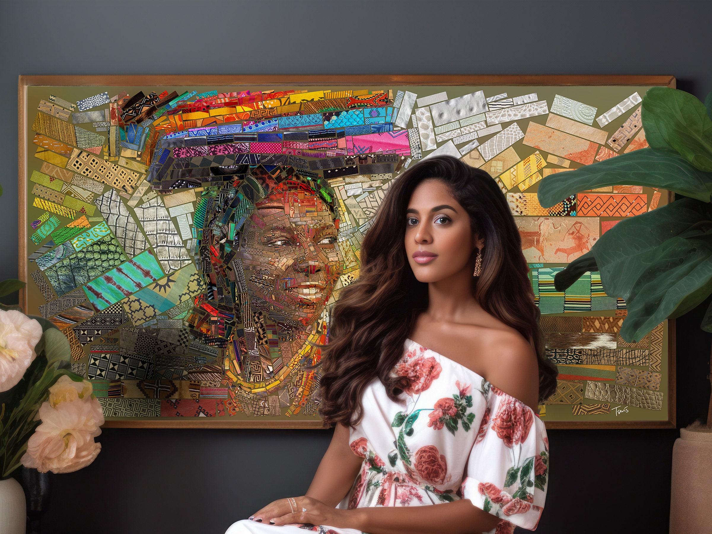 African Culture Wall Art in a Complex Mosaic Painting, Woman Carrying ...