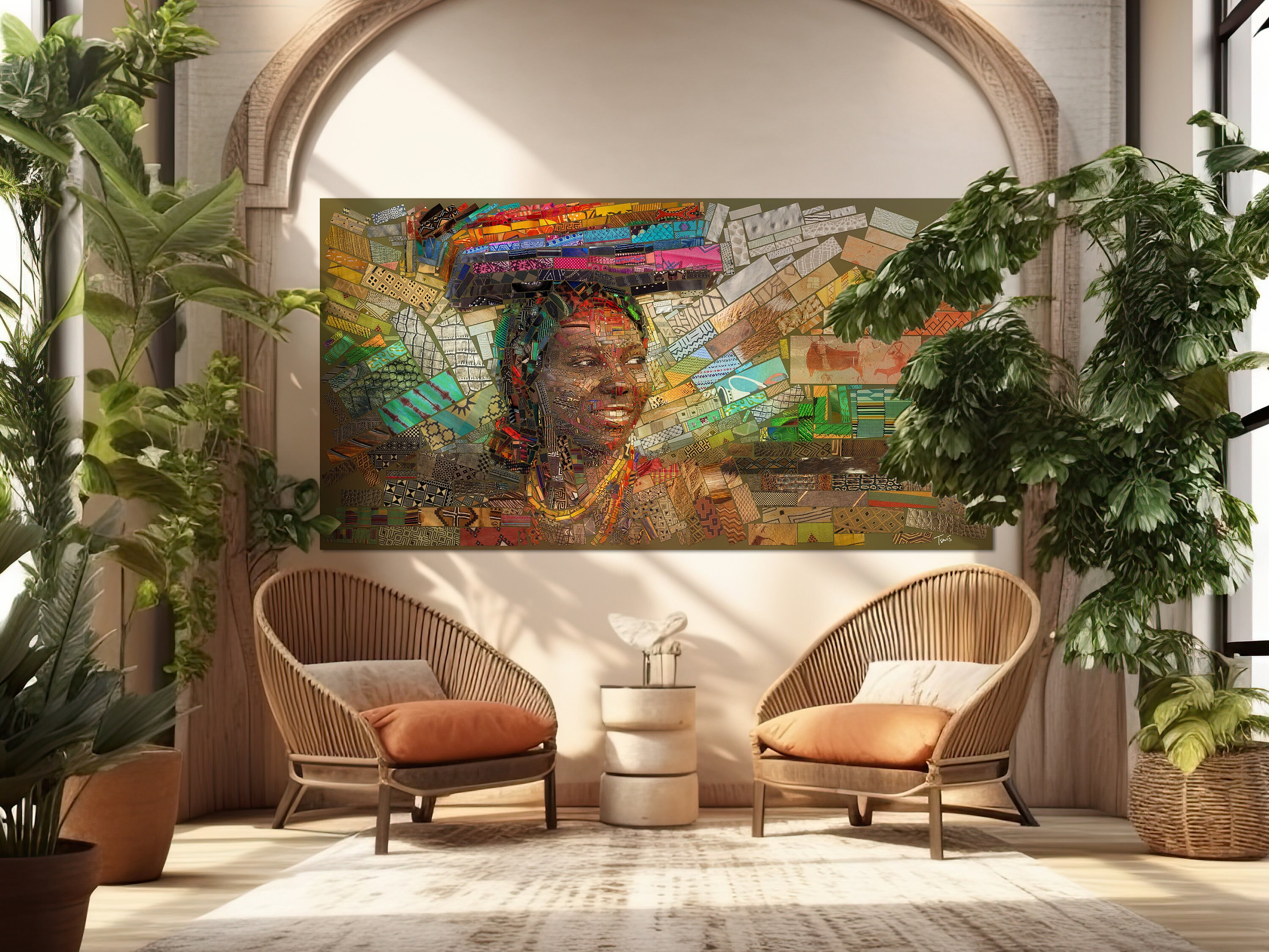 African Culture Wall Art in a Complex Mosaic Painting, Woman Carrying ...