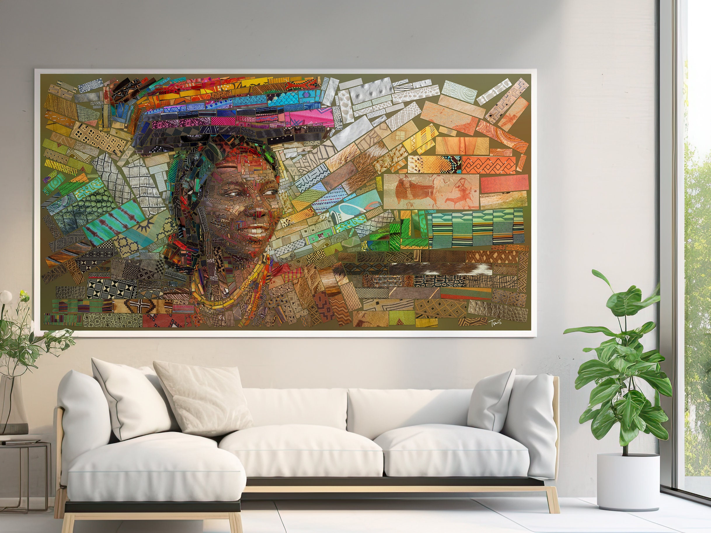 African Culture Wall Art in a Complex Mosaic Painting, Woman Carrying ...