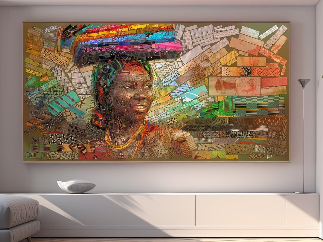 African Culture Wall Art in a Complex Mosaic Painting, Woman Carrying ...