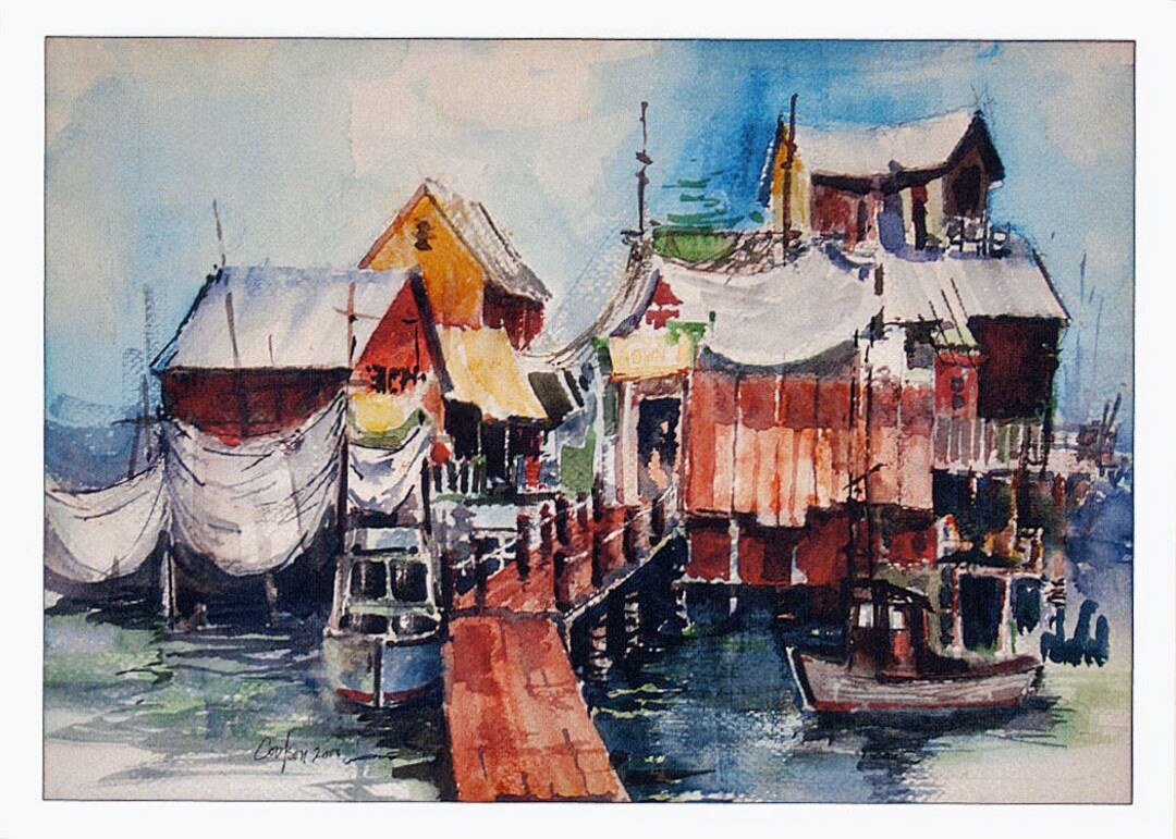 A Busy Dock in 2000 - #32 - 4 Art Cards Featuring This Watercolor by ...