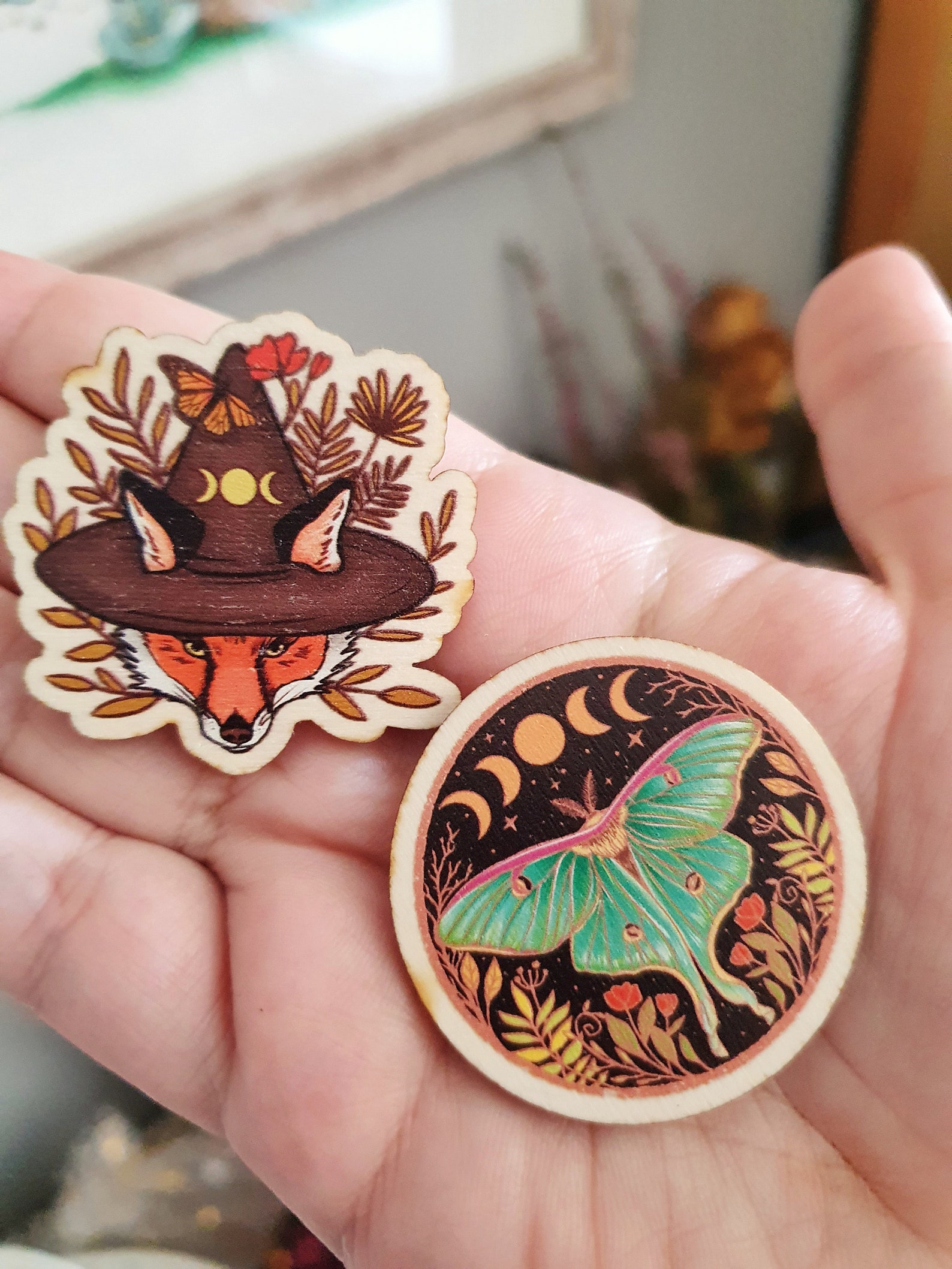 Wooden Pin Fox and Luna Moth Inspired in Witches Magic | Moon Phases ...