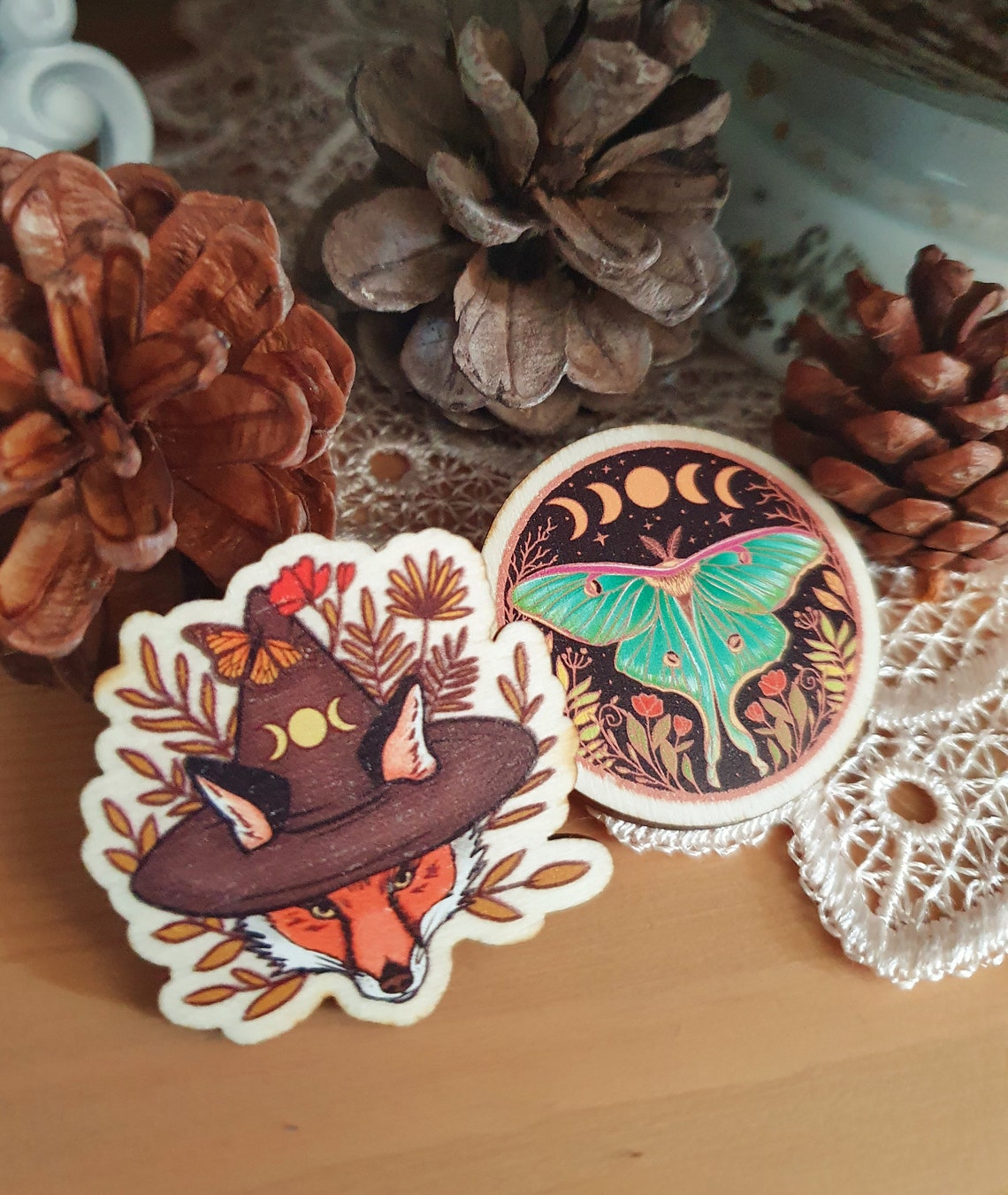 Wooden pin fox and luna moth inspired in witches magic moon | Etsy
