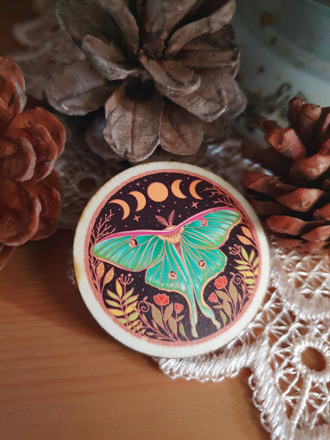 Wooden pin fox and luna moth inspired in witches magic moon | Etsy