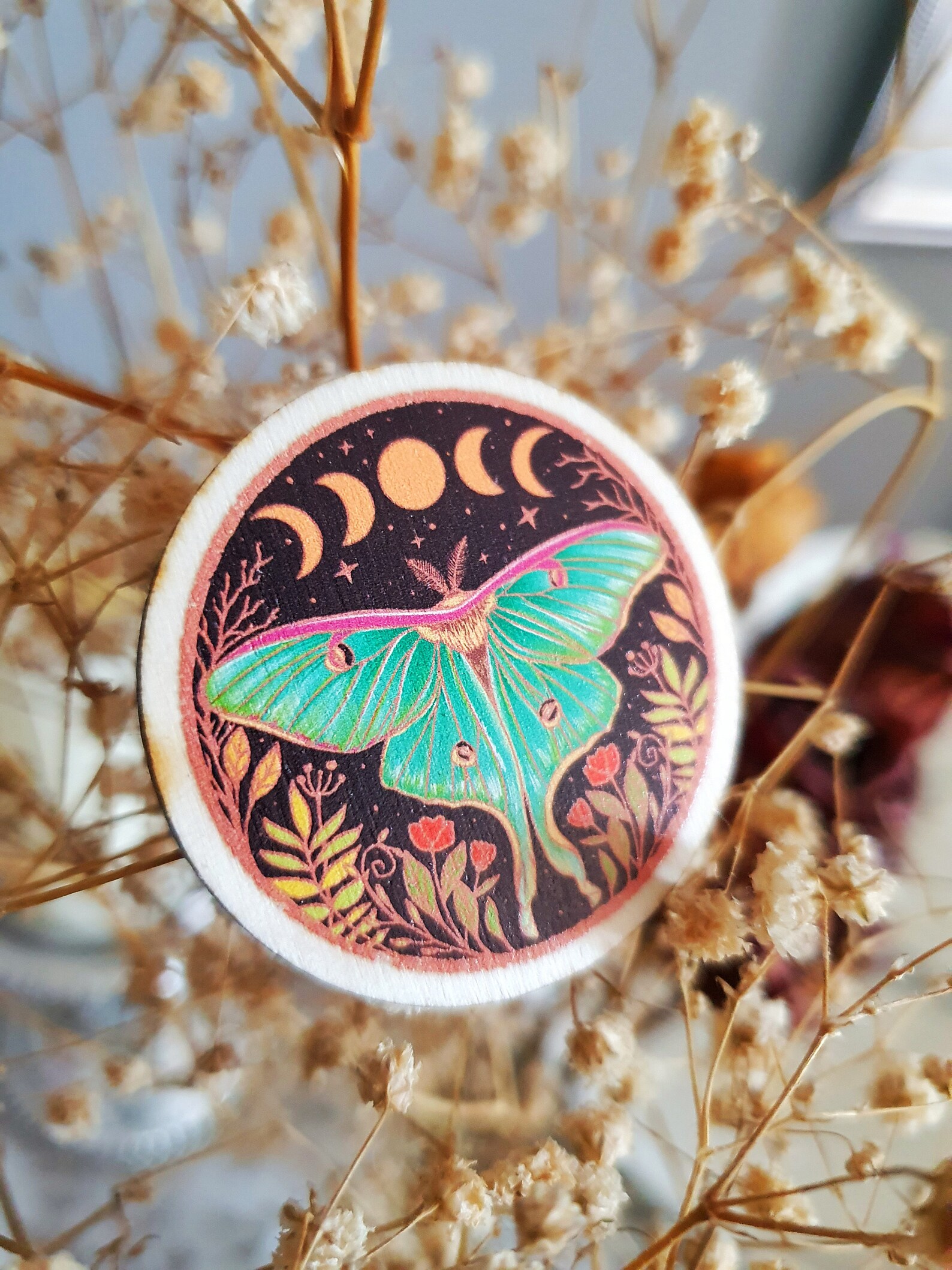 Wooden Pin Fox and Luna Moth Inspired in Witches Magic | Moon Phases ...