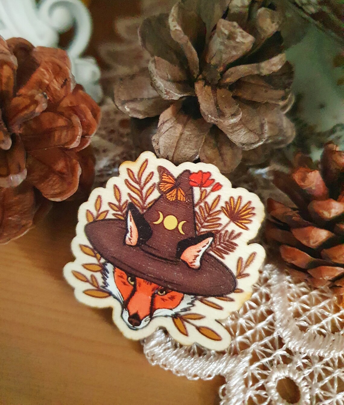Wooden pin fox and luna moth inspired in witches magic moon | Etsy