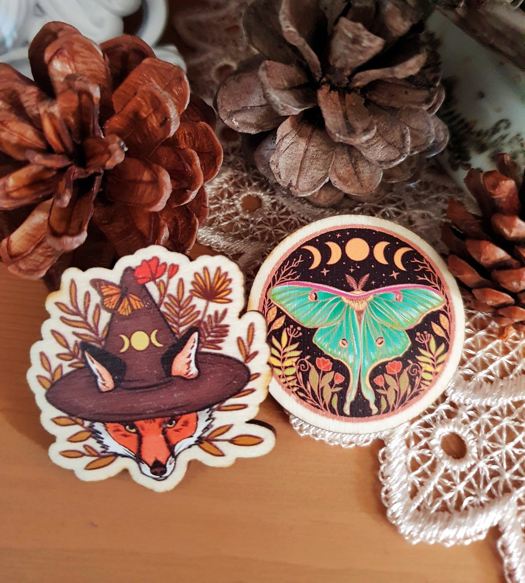 Wooden Pin Fox and Luna Moth Inspired in Witches Magic | Moon Phases ...