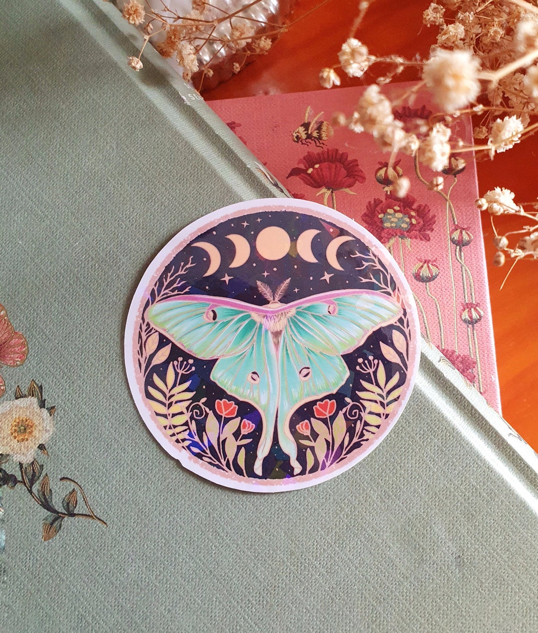 Luna Moth Big Shiny Sticker With Moon Phases | Cottagecore Magic ...