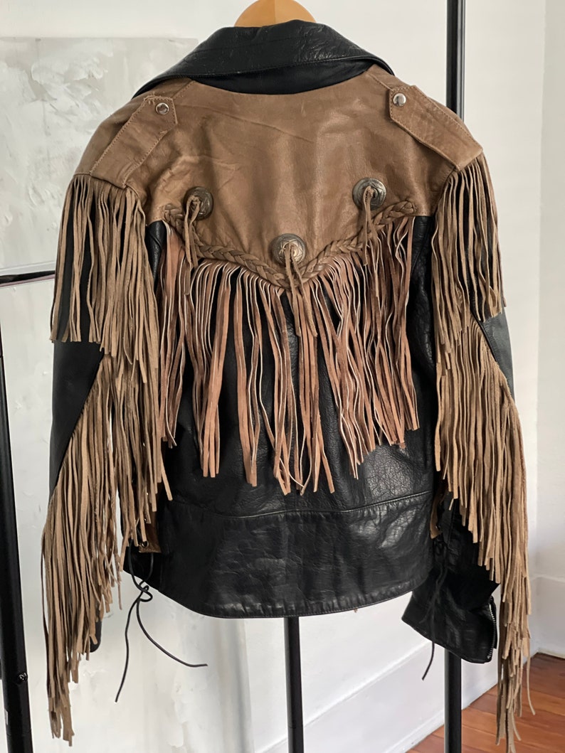 Vintage Western Fringe Leather Motorcycle Jacket With Tassels Black Tan ...