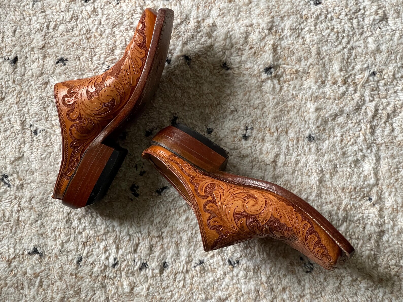 Vintage Lucchese Western Leather Tooled Slip on Mules Cowgirl Rodeo - Etsy