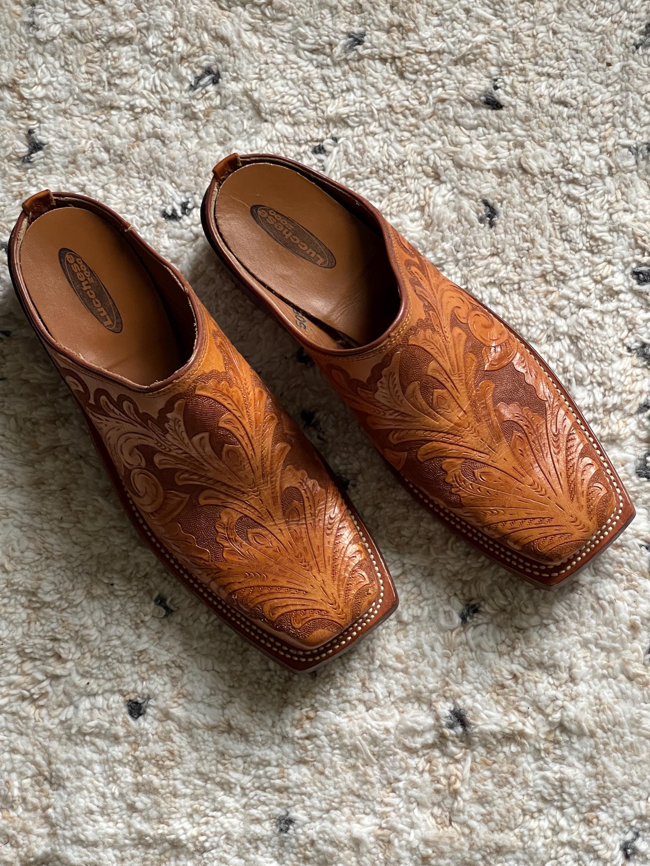 Vintage Lucchese Western Leather Tooled Slip on Mules Cowgirl Rodeo - Etsy