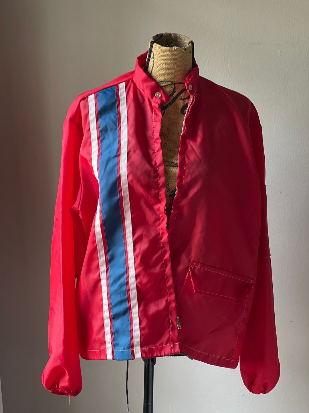 Vintage 1960s Red Racing Stripe Utility Jacket Windbreaker YKK Zipper ...