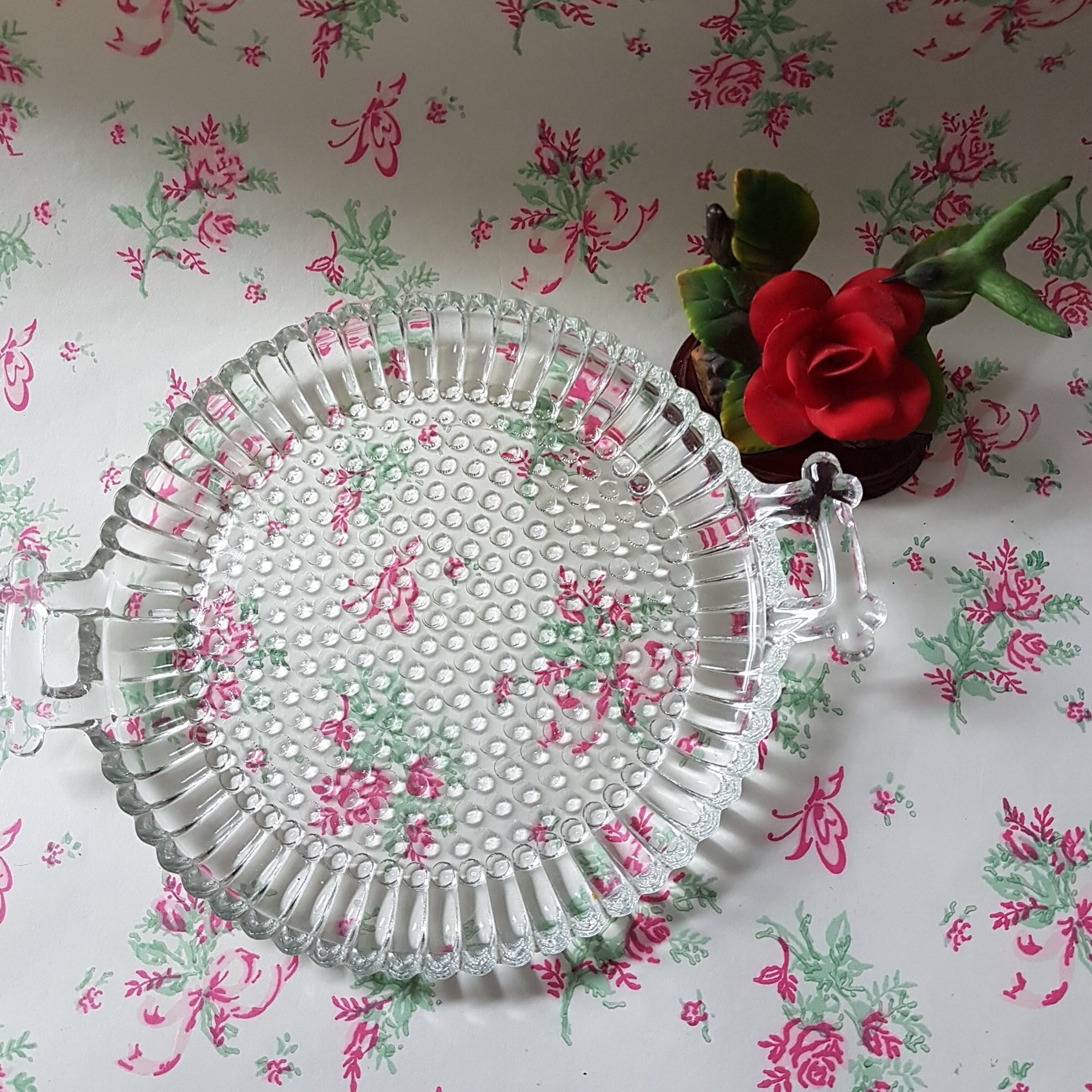 Vintage Hobnail Clear Glass Serving Two Handled Tray