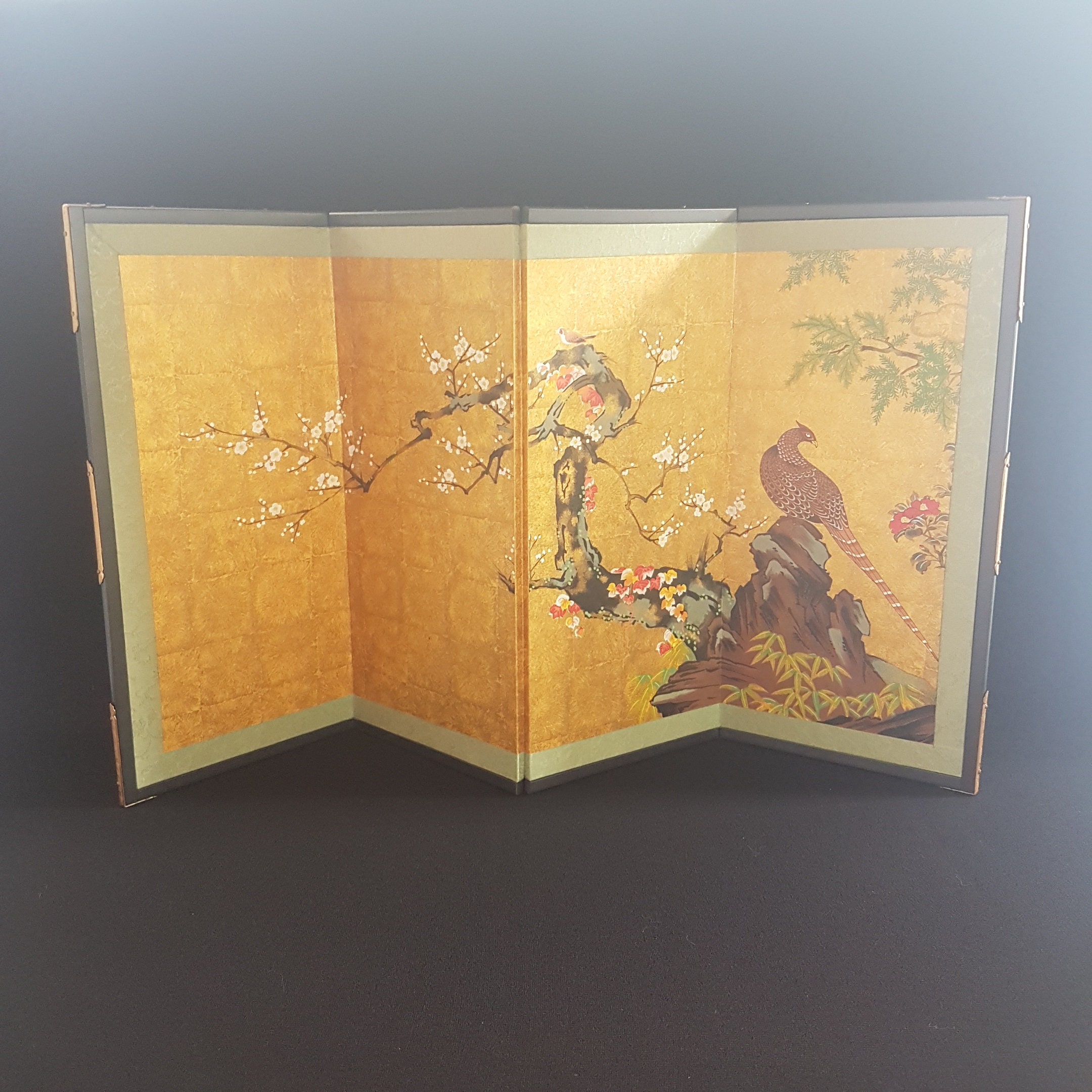 Vintage Chinese Table Screen, Pheasant Bird on Tree Branch Folding ...