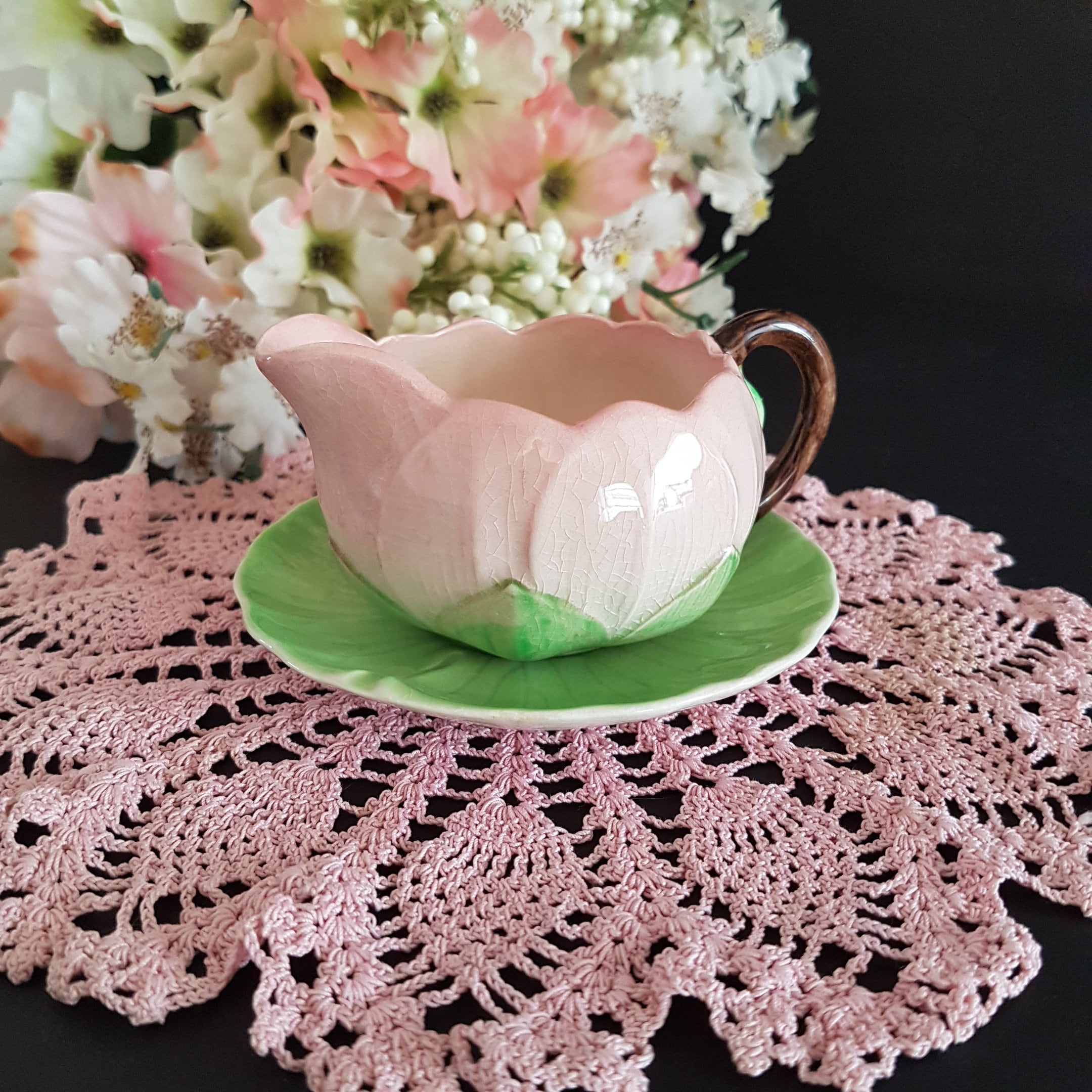Carlton Ware Australian Design Pink Flower Creamer & Leaf Under Plate ...