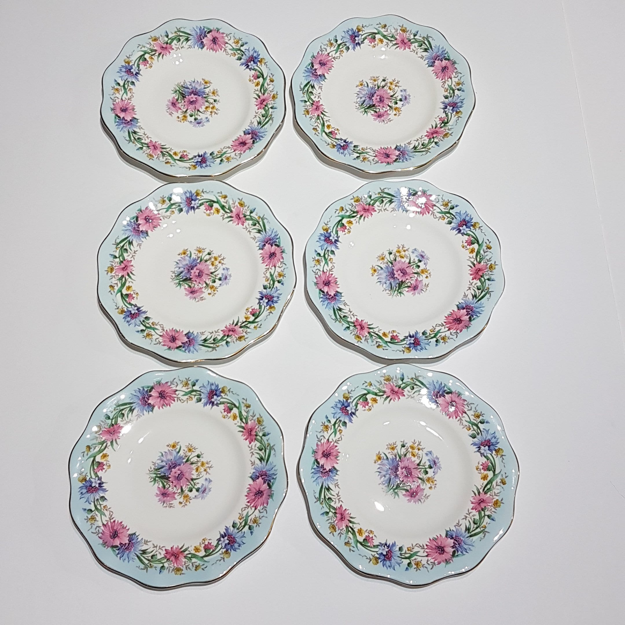 EB Foley CORNFLOWER BLUE 6 Bread & Butter Plates, Floral on Blue 6 Pc ...
