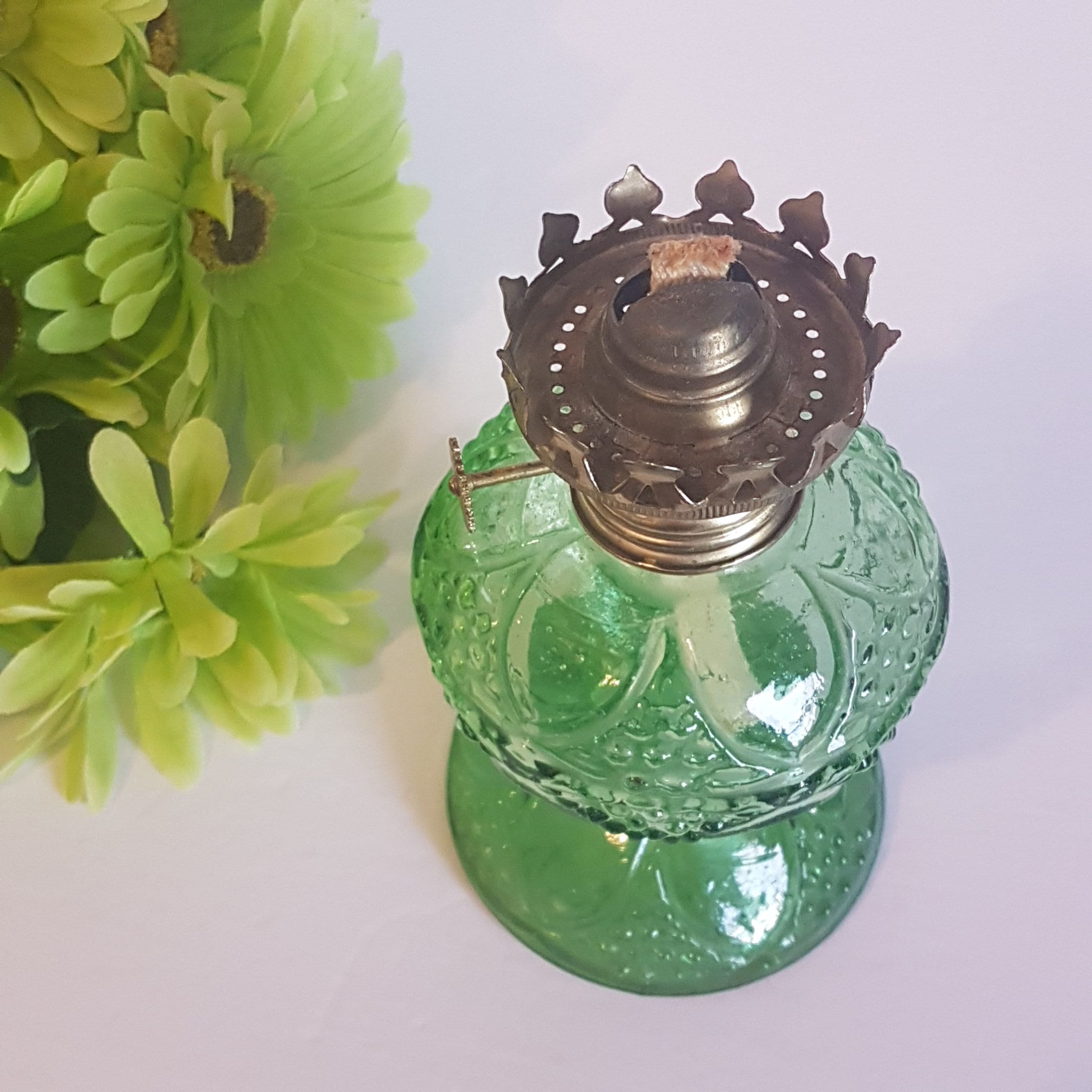 Vintage Green Glass Kerosene Oil Lamp, Made in Hong Kong, 1950s Vintage Green Glass Kerosene Oil Lamp, Made in Hong Kong, 1950s