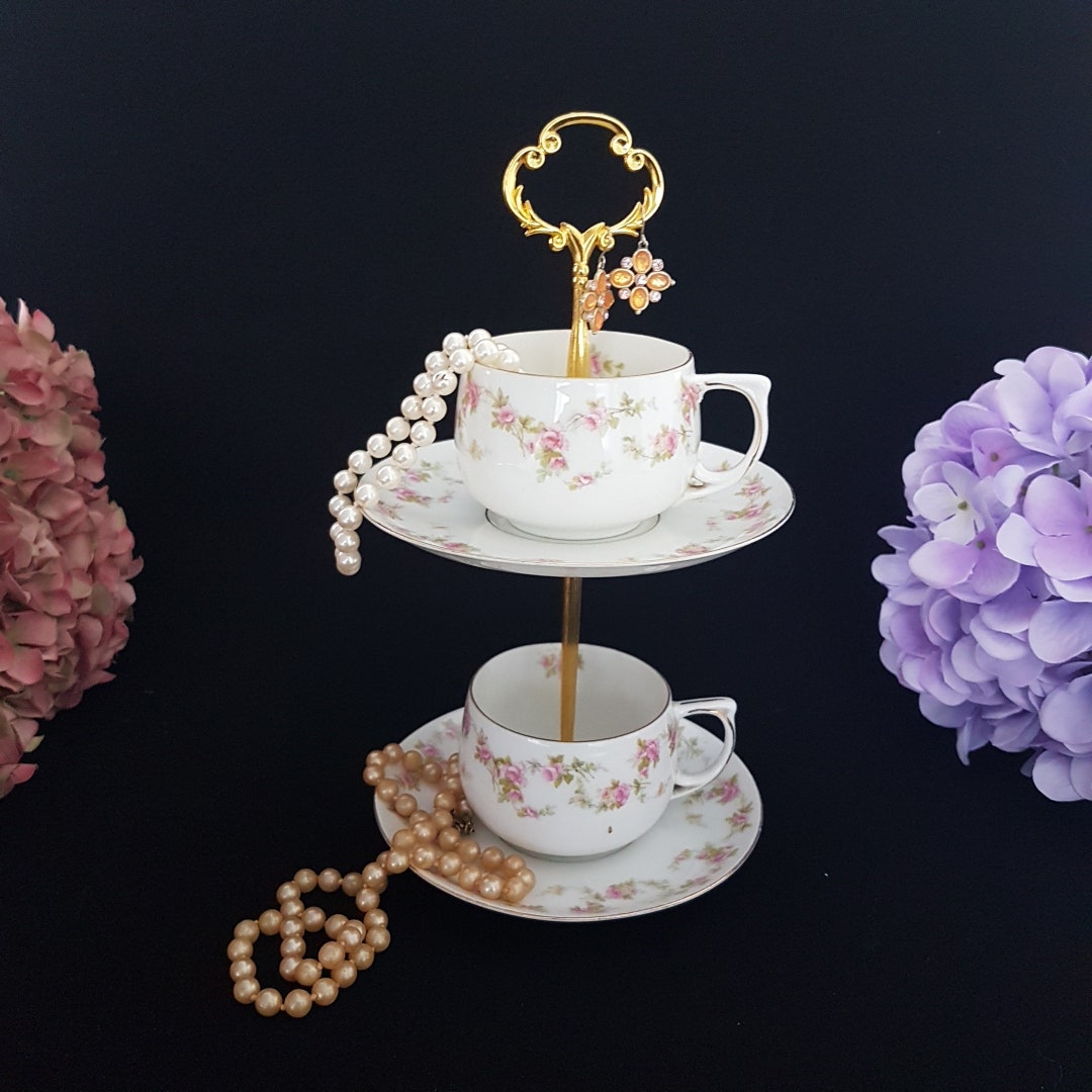 Upcycled Porcelain Tea Cup and Saucer Cake Stand, Double Antique ...
