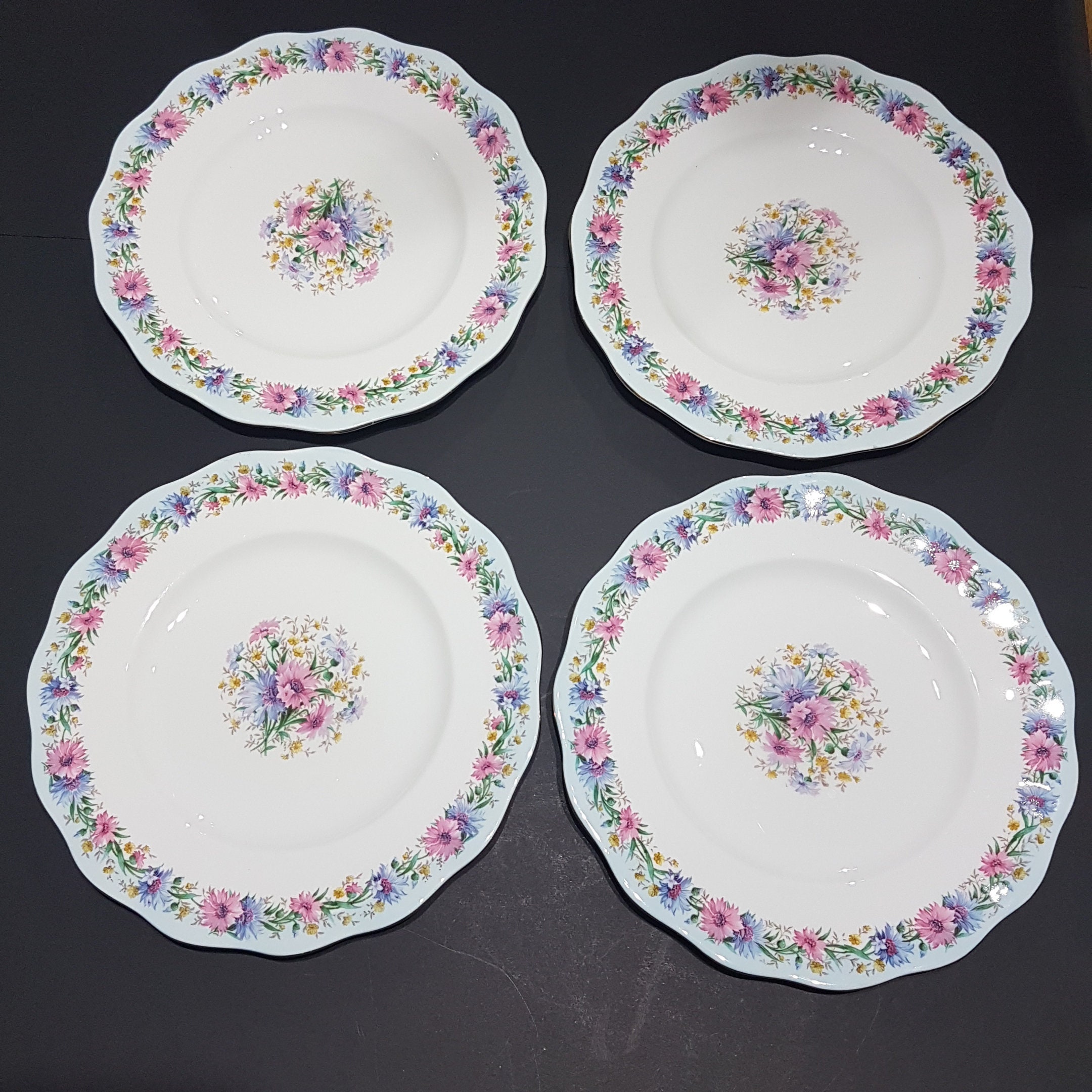 Set of 4 E. Brain Foley Blue CORNFLOWER Bone China 10 1/4 Dinner Plates ...