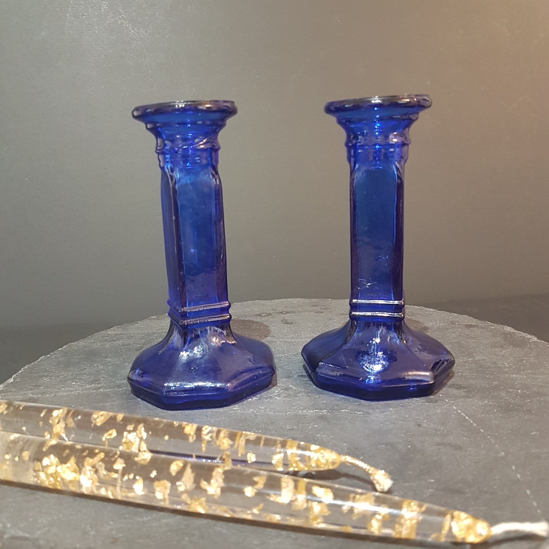 Cobalt Blue Glass Candle Holders, Blue Decor, Glass Taper Candlesticks ...