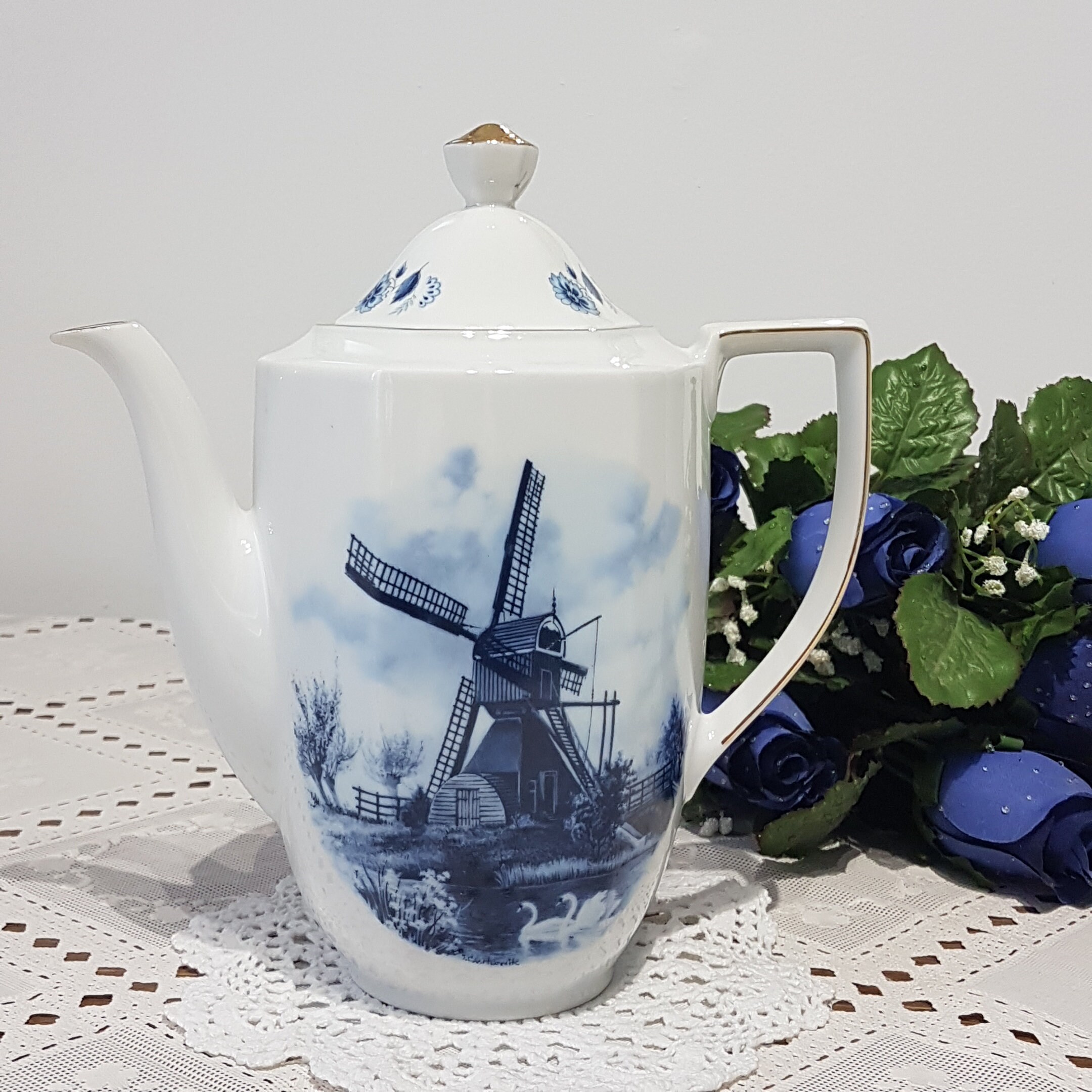 Ter Steege BV Dutch Windmill Teapot, Hand Decorated Delftware Coffee ...