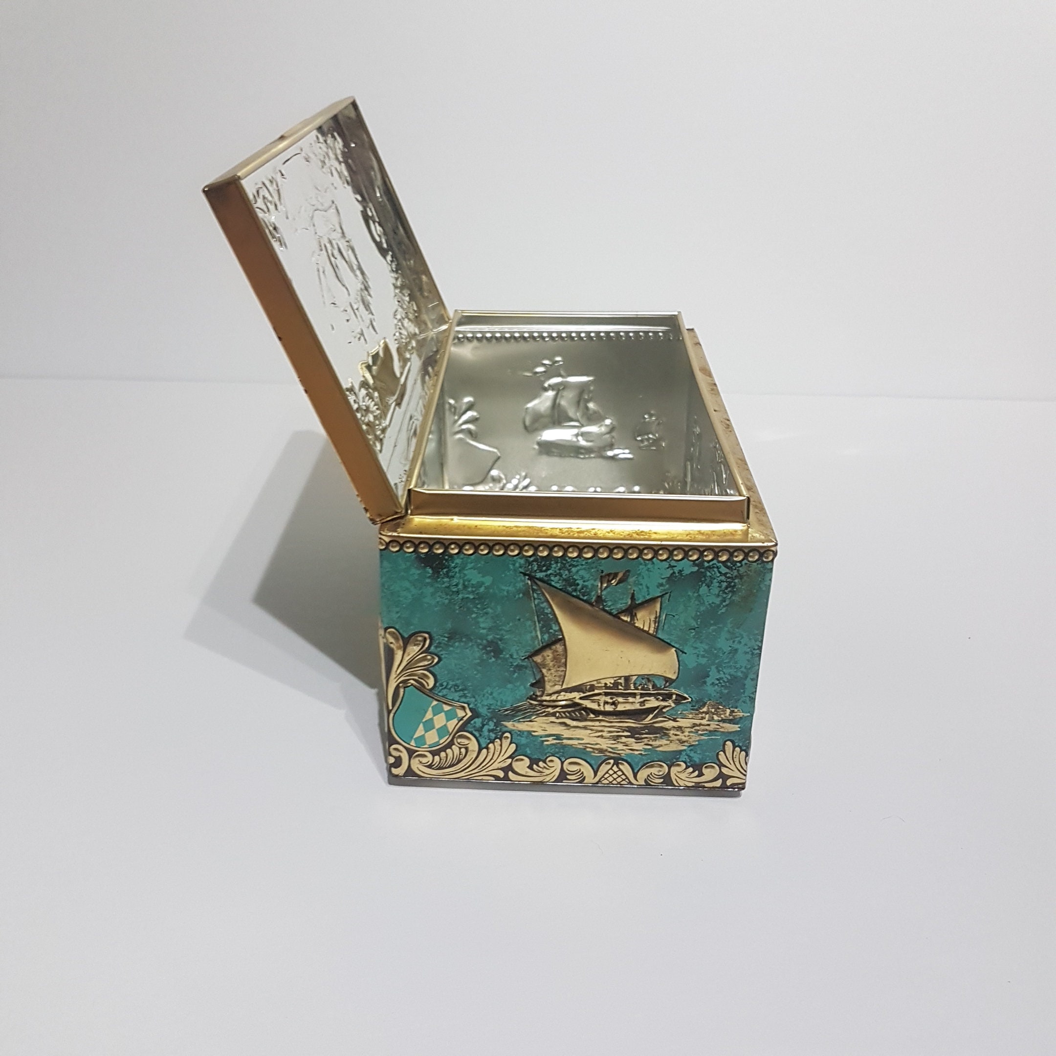 Vintage West Germany Tin with Sailing Ship and Coat of Arms, HInged Top ...