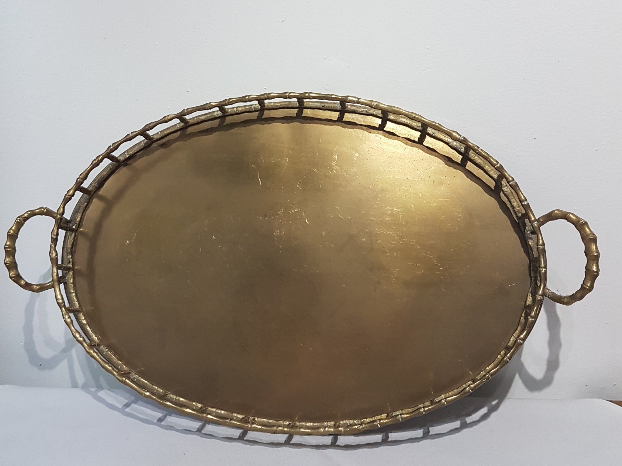 Vintage Brass Oval Rimmed Serving Tray w/Handles