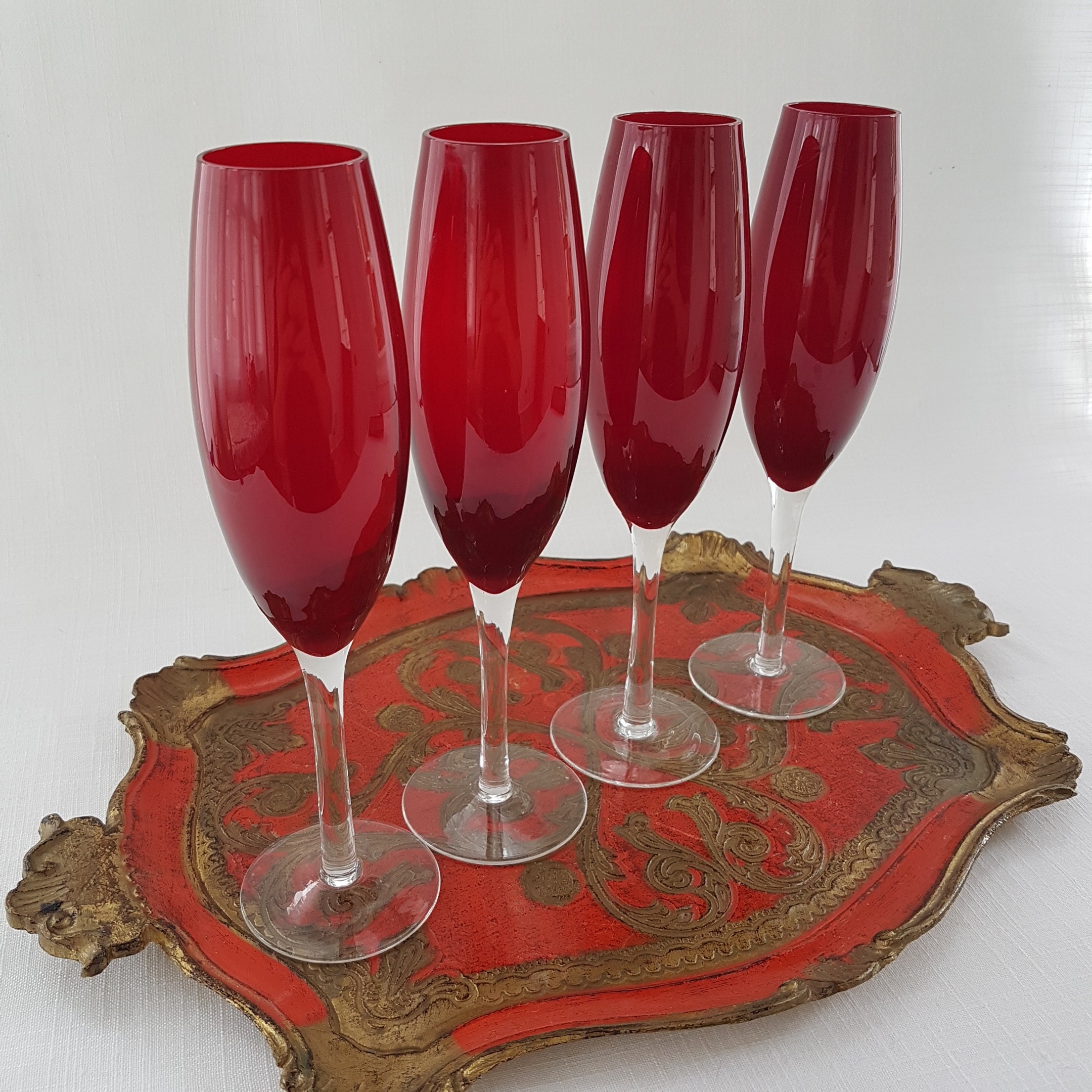 Ruby Red Champagne Glasses, Set of 4 Hand Blown Red Champagne Flutes