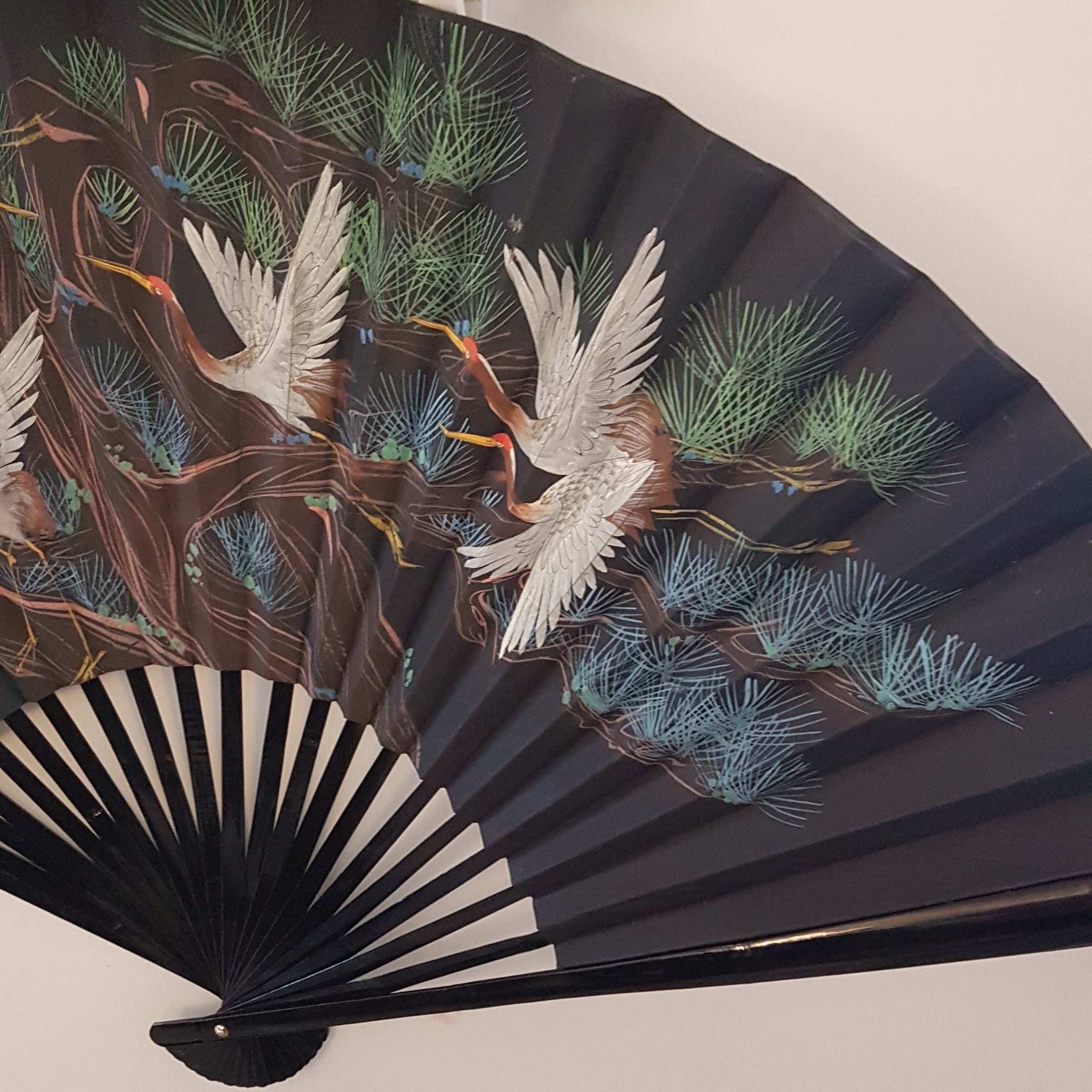 Vintage Large Japanese Decorative Wall Fan, 70 inch, Hand Painted White ...