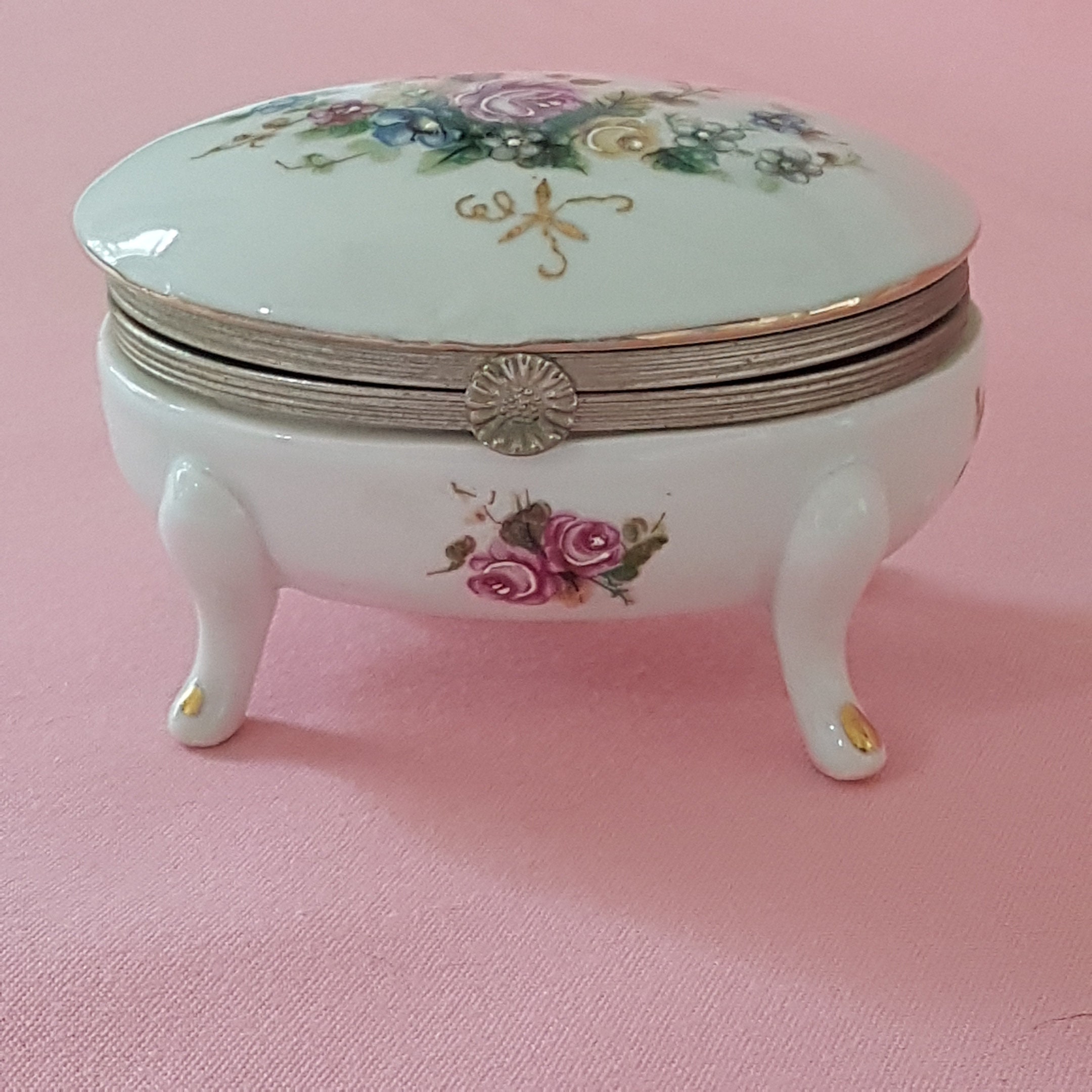 Hand Painted Oval Porcelain Trinket Box with Hinged Top, Romantic ...