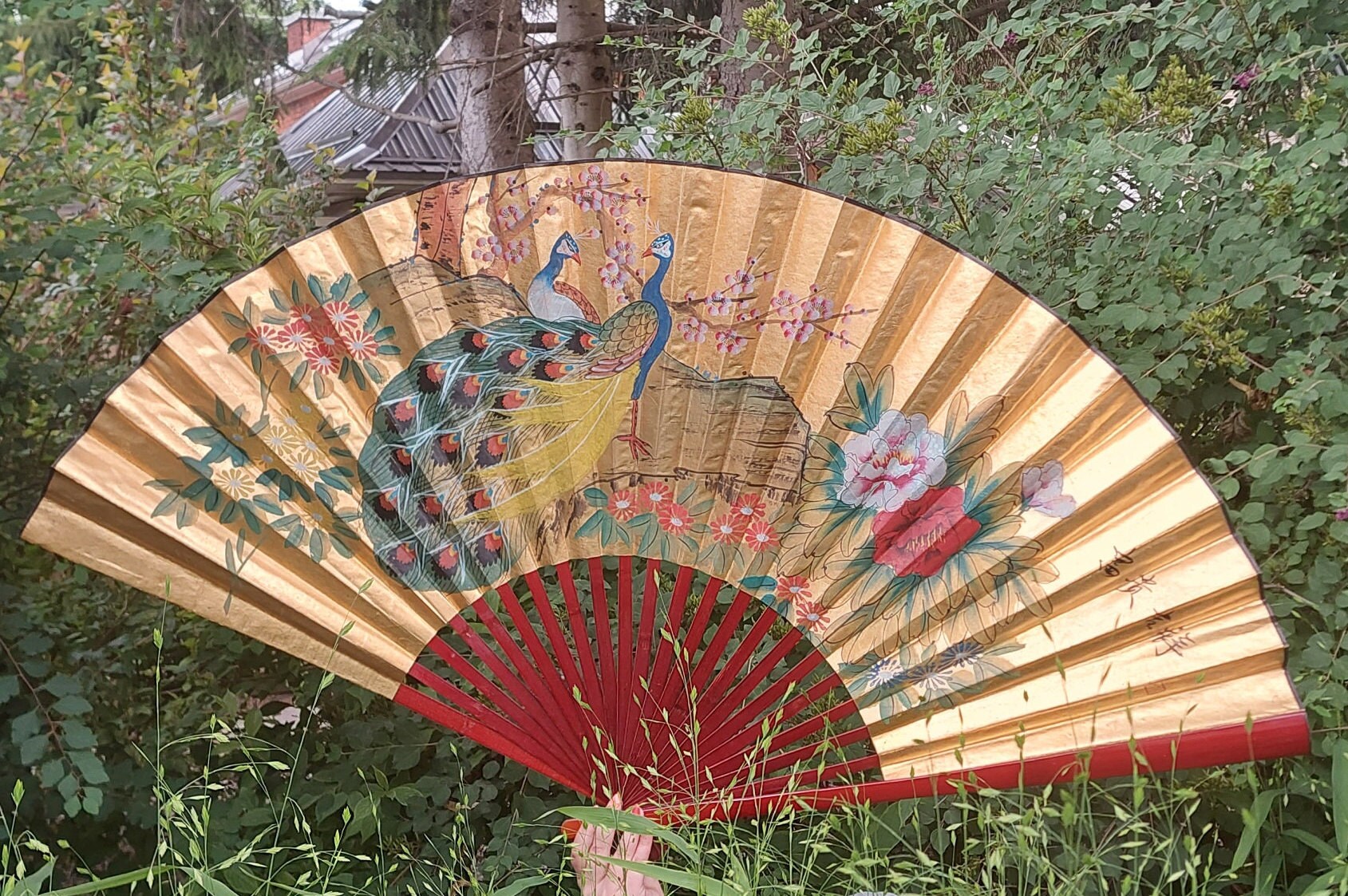 Vintage Large Japanese Decorative Wall Fan, Hand Painted Peacocks and ...