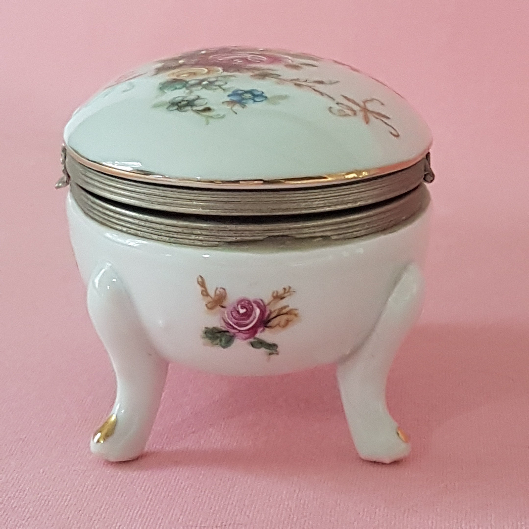 Hand Painted Oval Porcelain Trinket Box with Hinged Top, Romantic ...