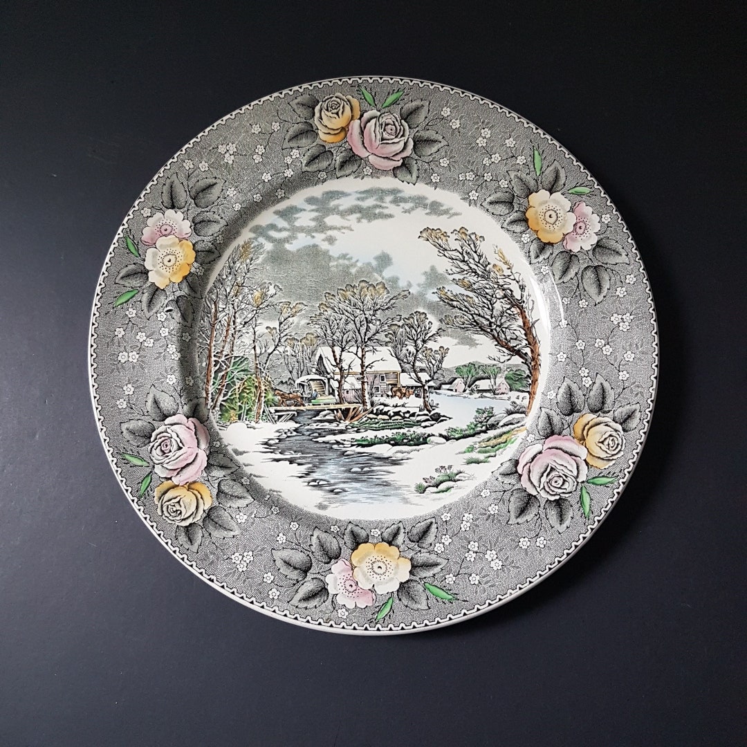 Vintage William Adams Transferware Plate Winter Grist Mill Scene ...