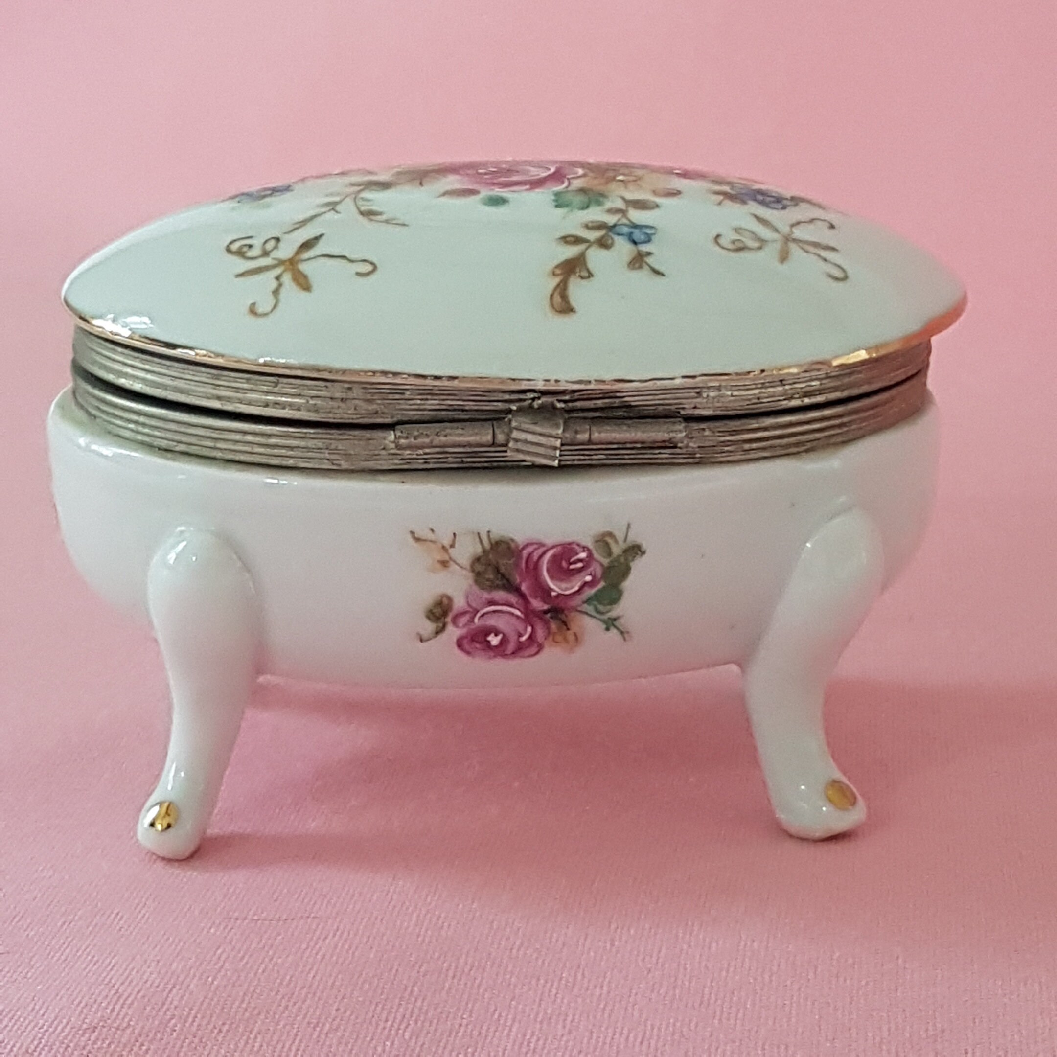 Hand Painted Oval Porcelain Trinket Box with Hinged Top, Romantic ...