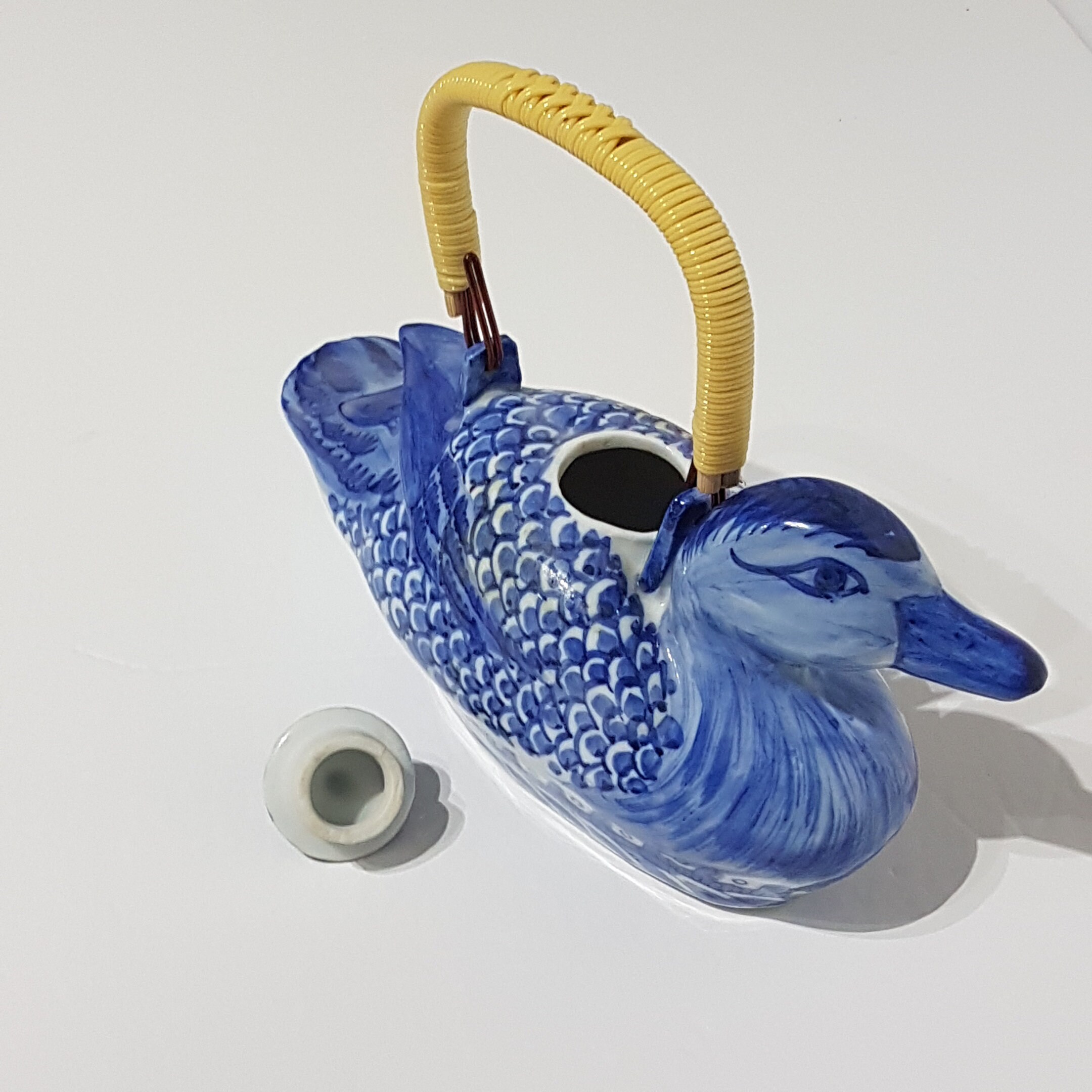 Vintage Hand Painted Duck Teapot, Chinoiserie Blue and White, Wicker ...