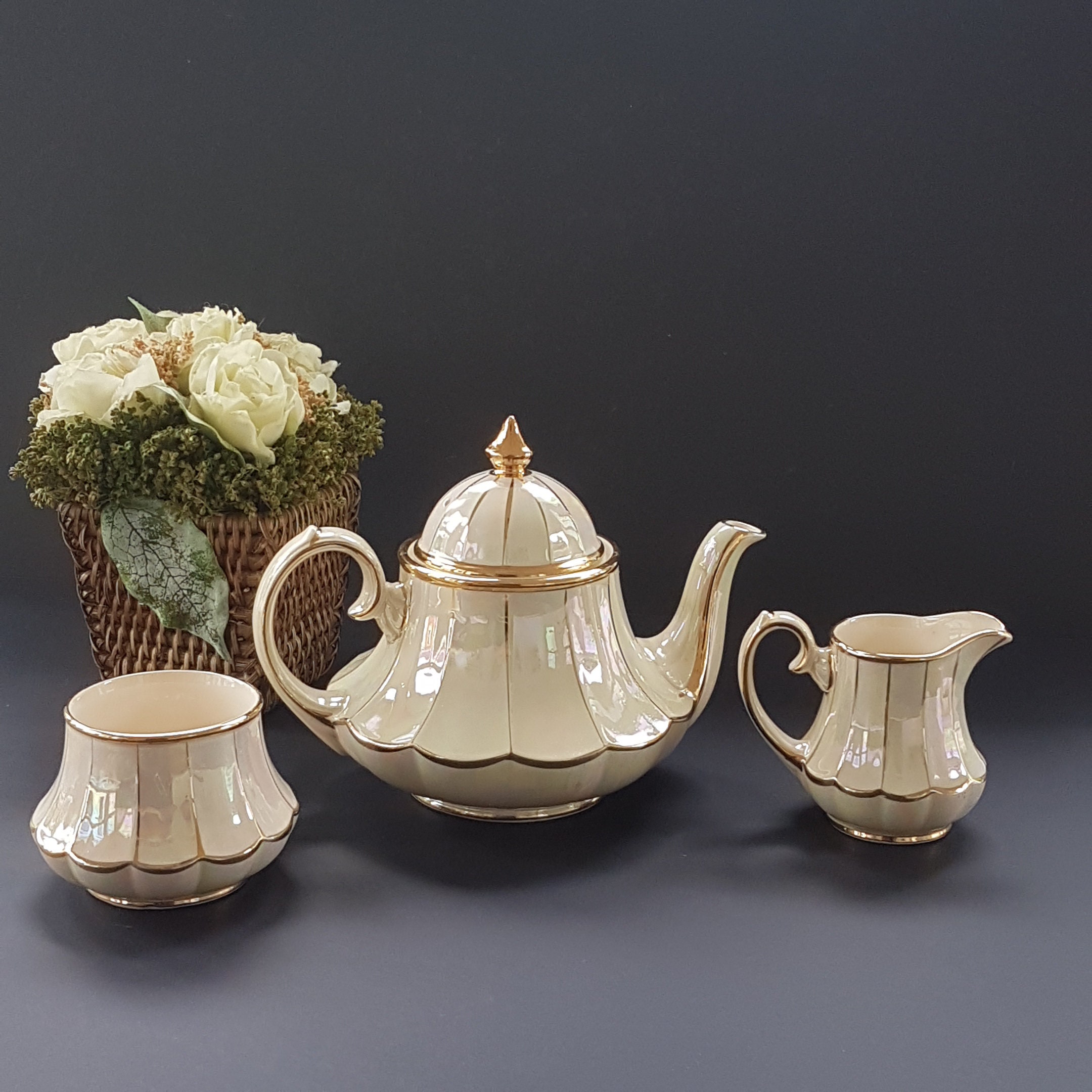 Sadler England Pearl Lustre Tea Set, Teapot Creamer & Sugar Bowl, Bell ...