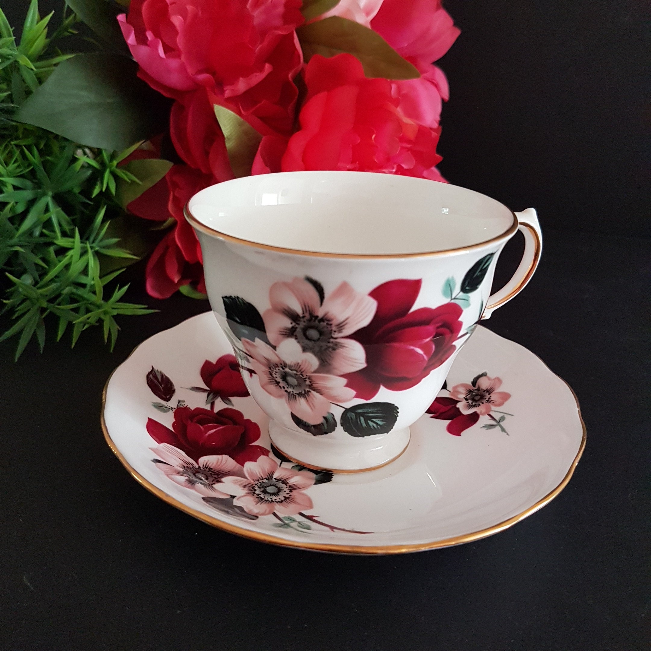 Kitchen & Dining Home & Living Vintage Bone China Red Rose Tea Cup and ...