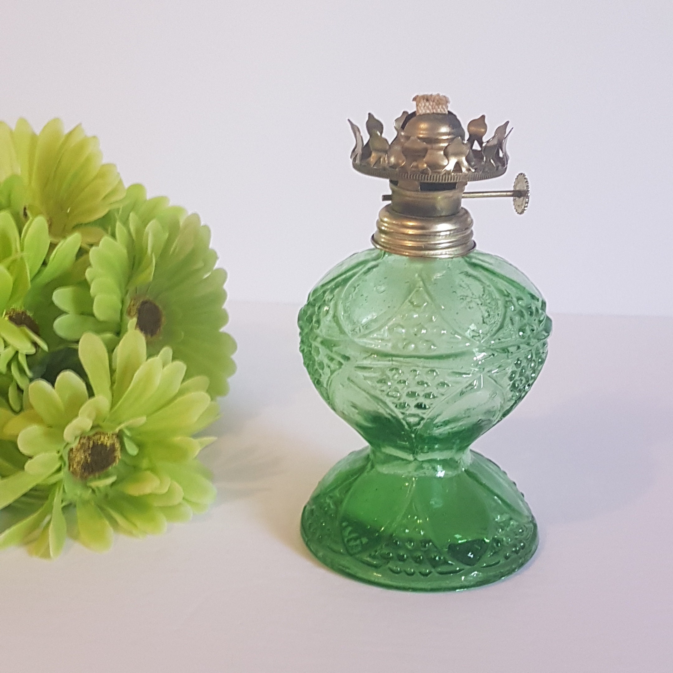 Vintage Green Glass Kerosene Oil Lamp, Made in Hong Kong, 1950s Vintage Green Glass Kerosene Oil Lamp, Made in Hong Kong, 1950s