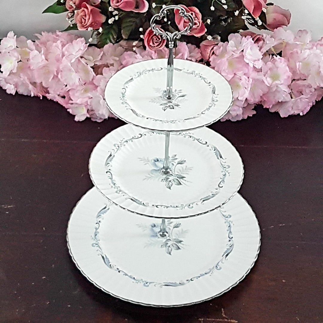 Paragon 3 Tier Cake Stand, Elegant Blue Silver Bone China Tiered ...