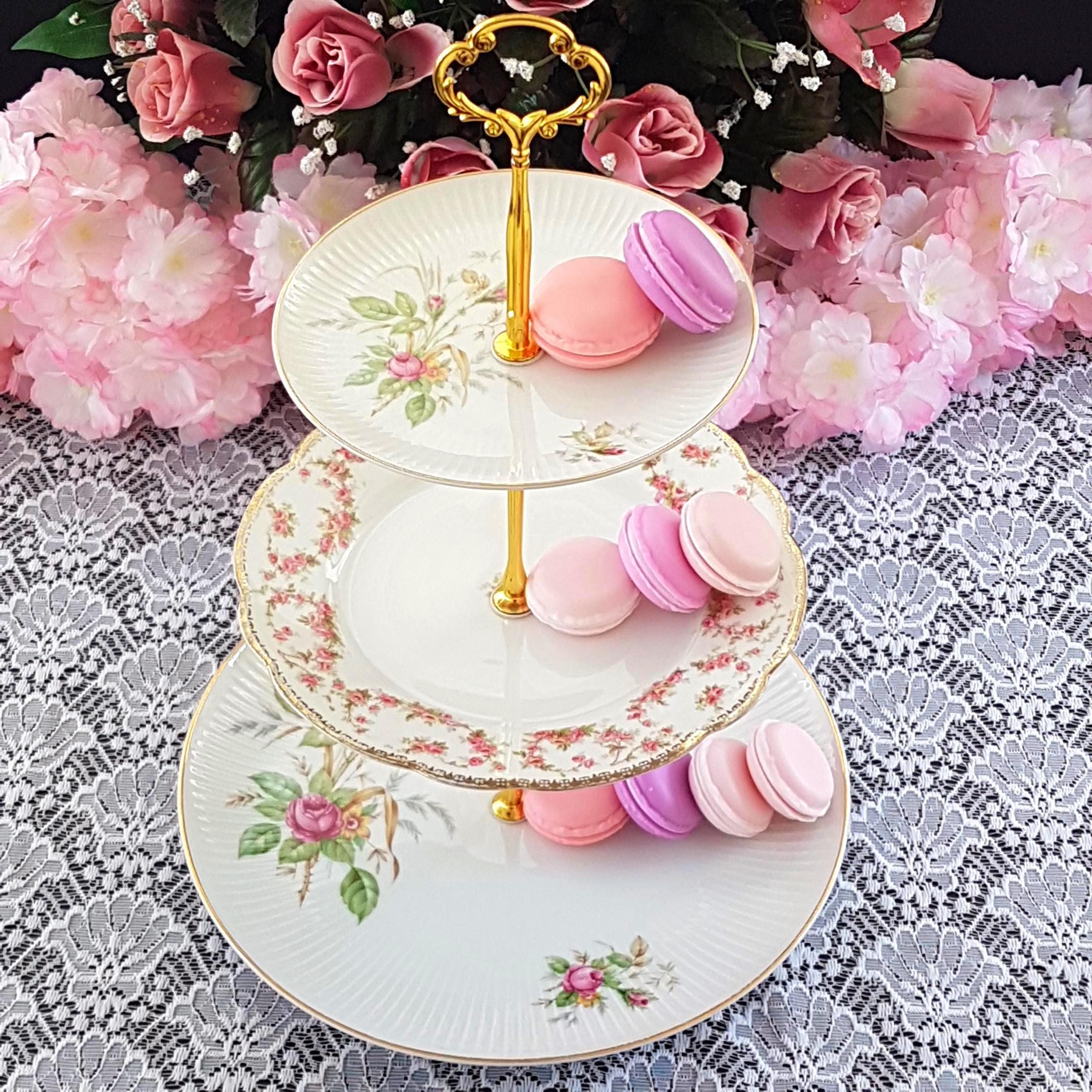 Handmade 3 Tier Cake Stand Unique Pink Rose Porcelain Tiered Dessert ...