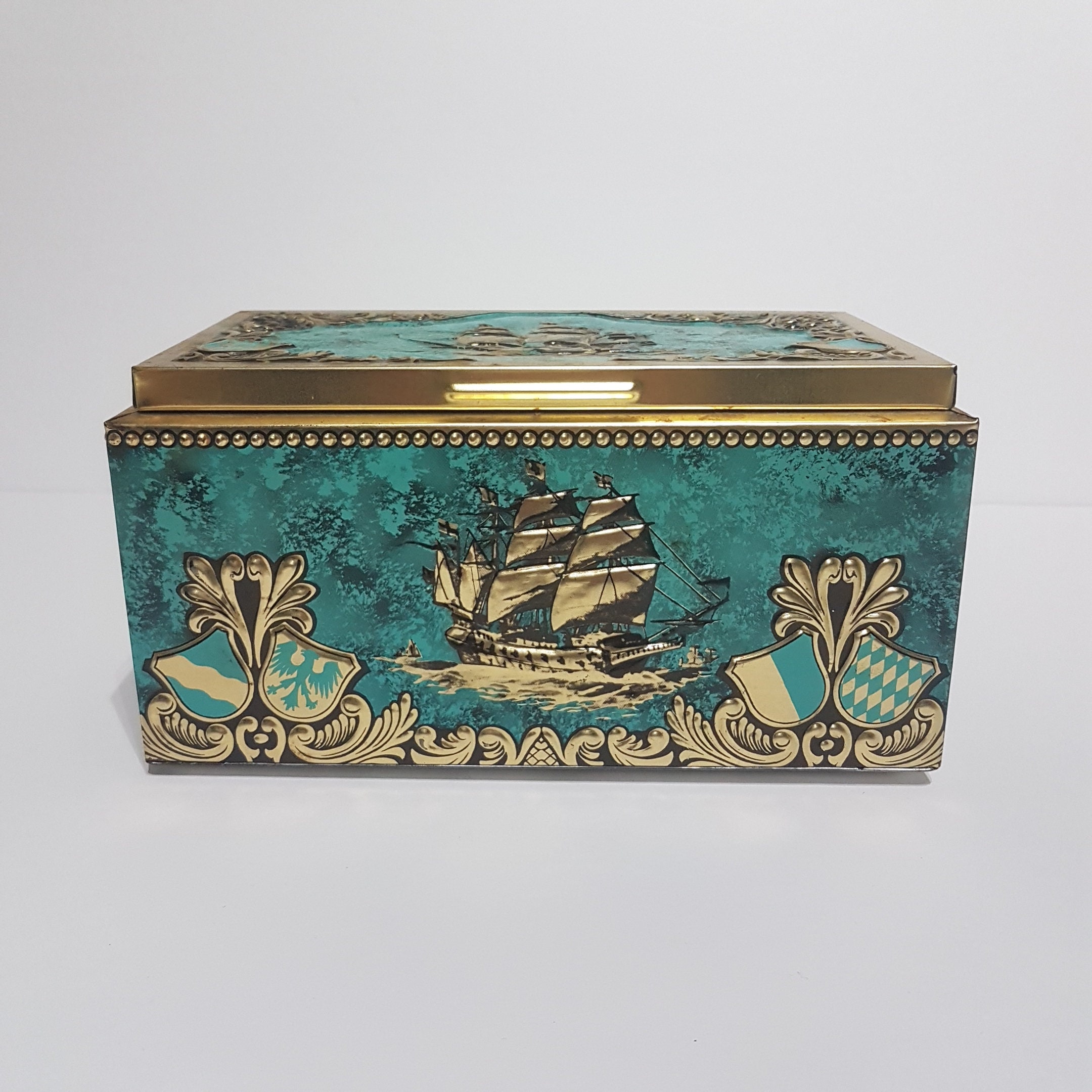 Vintage West Germany Tin with Sailing Ship and Coat of Arms, HInged Top ...