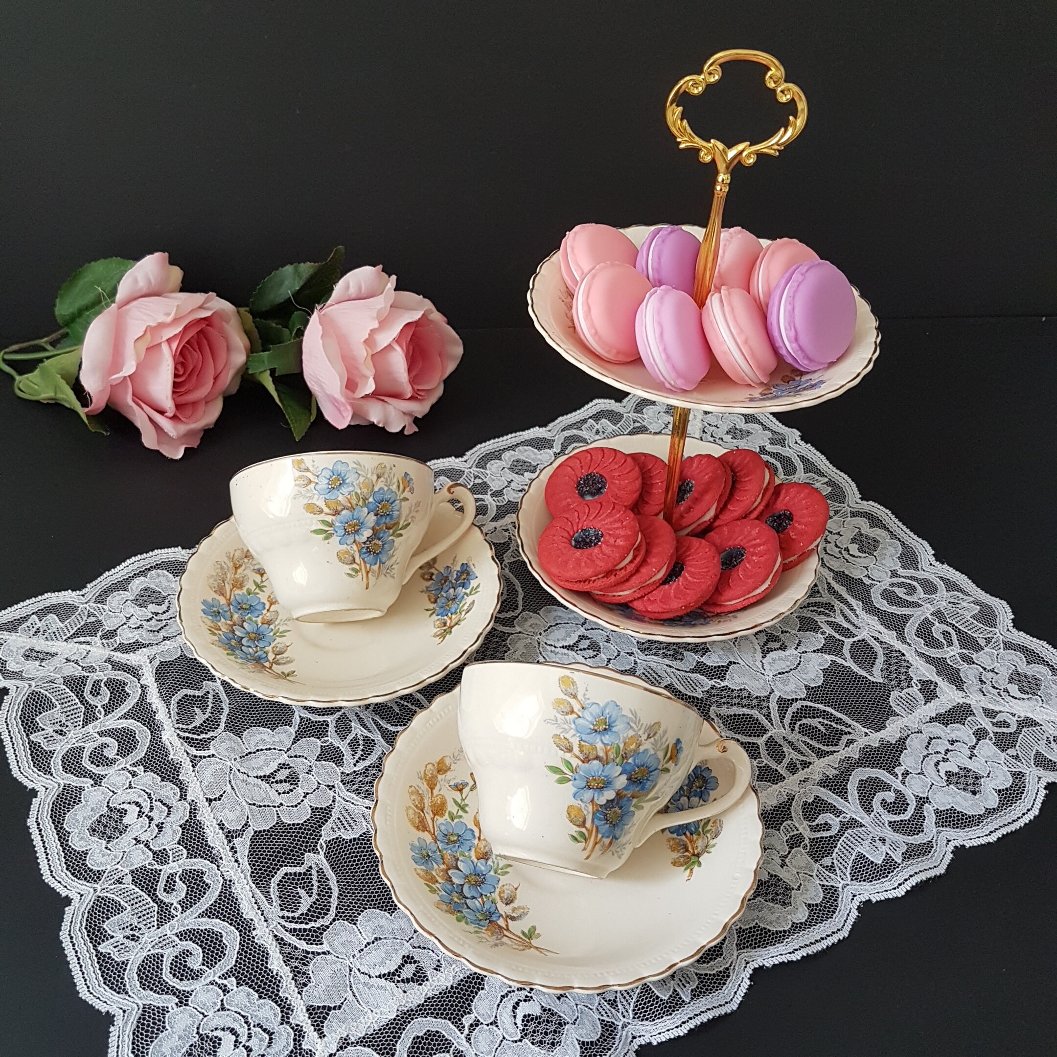 2 Tier Cake Stand with 2 Matching Tea Cup and Saucers, JG Meakin PUSSY ...
