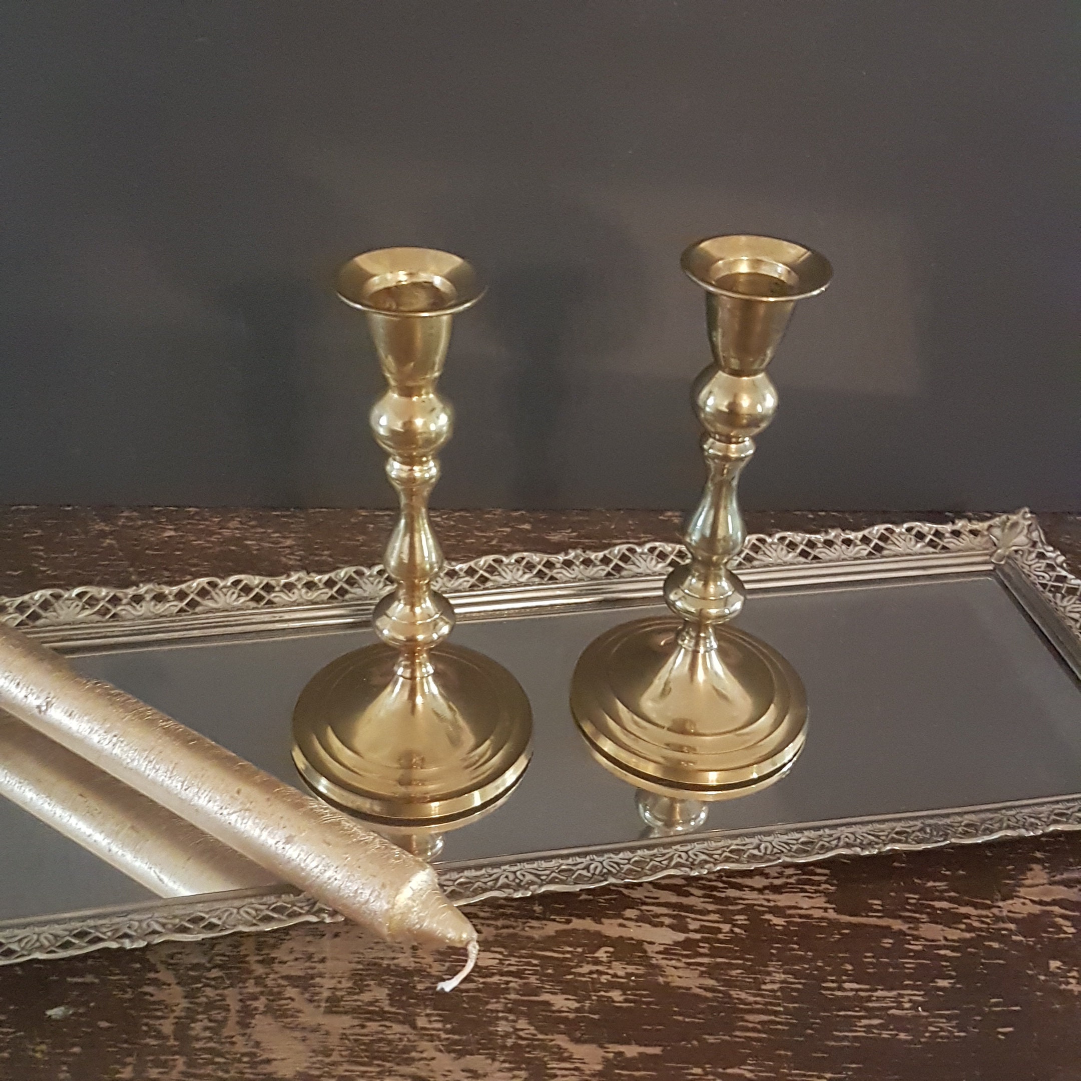Set of 2 Tall Vintage Indian Brass Taper Candlesticks, A Pair of 6 ...